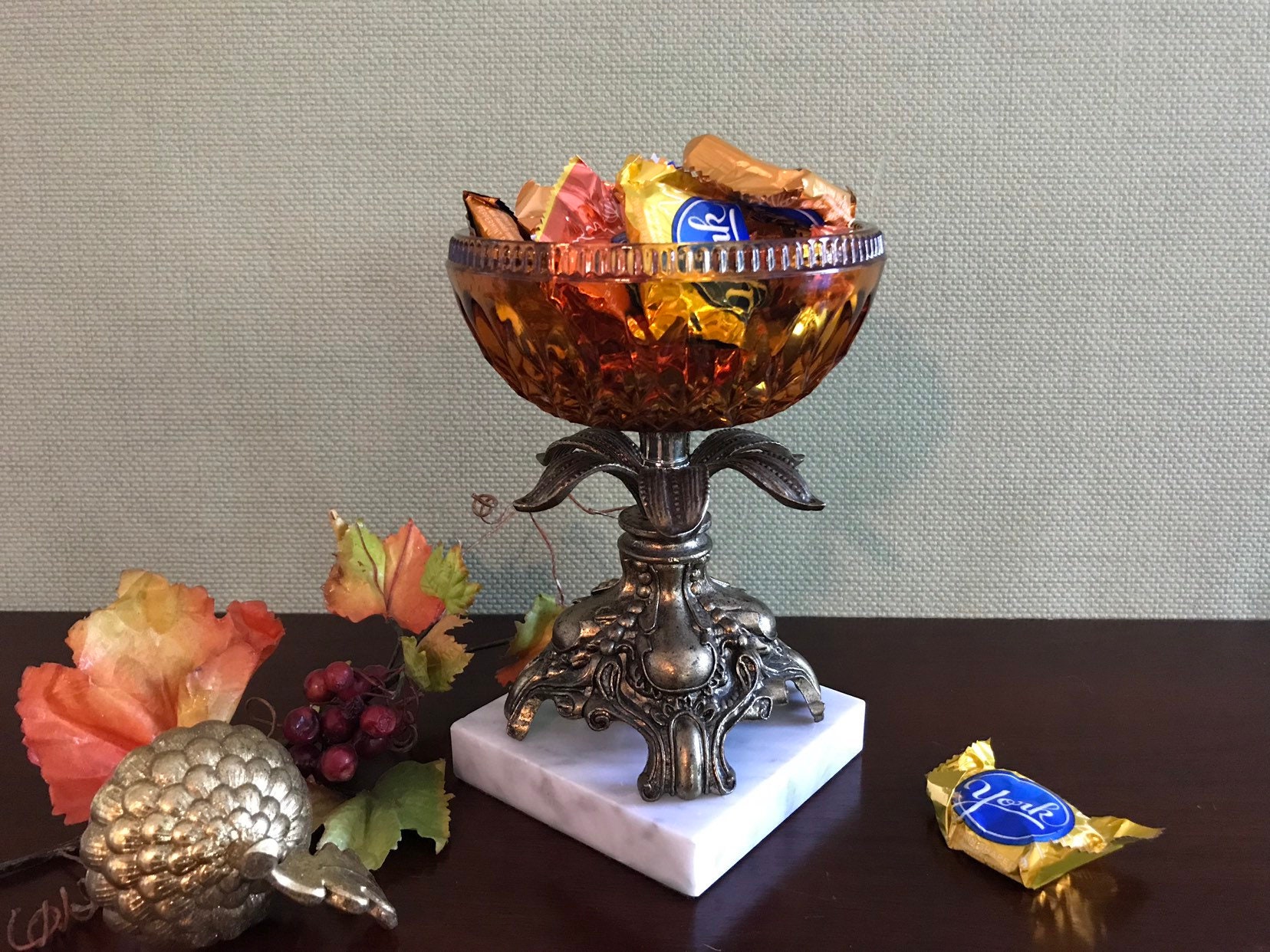 Hollywood Regency Candy Dish, Pressed Amber glass Candy dish on Marble ...