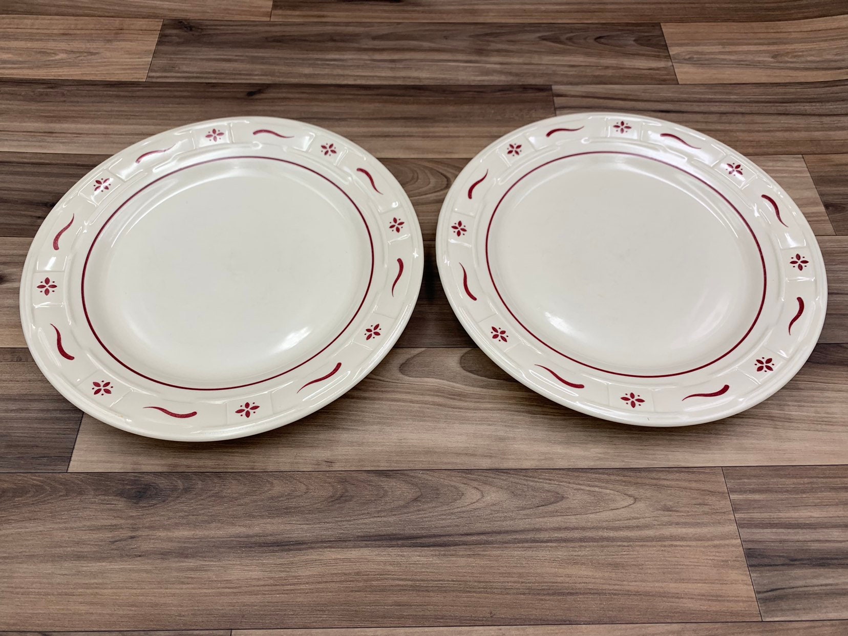 Vintage Longaberger Pottery Dinner Plates Woven traditions Red Set of 2