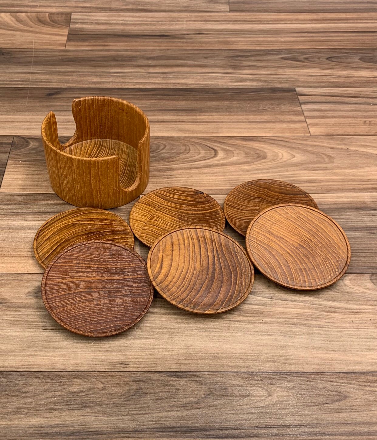 Vintage Teakwood Coasters with caddy Teak coaster set