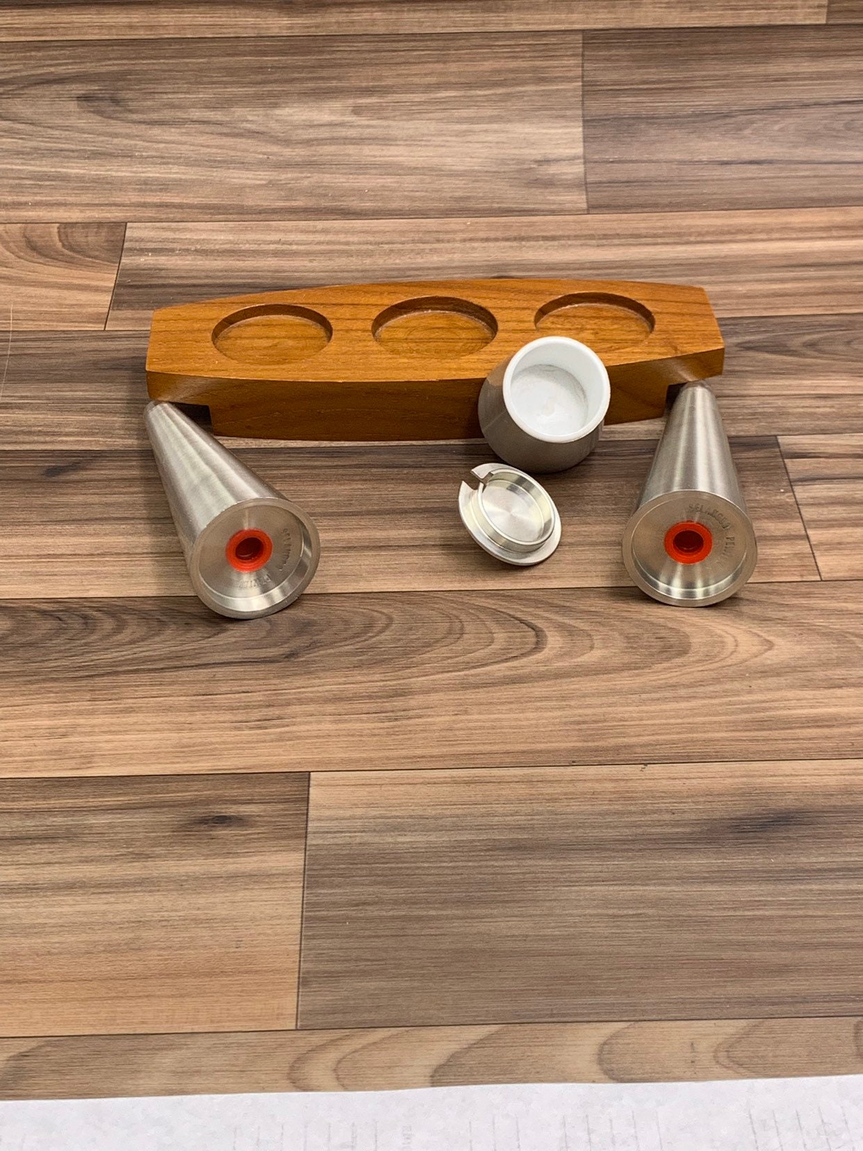Danish Modern Condiment Set, Selangor Pewter Teak Tray Salt Pepper ...