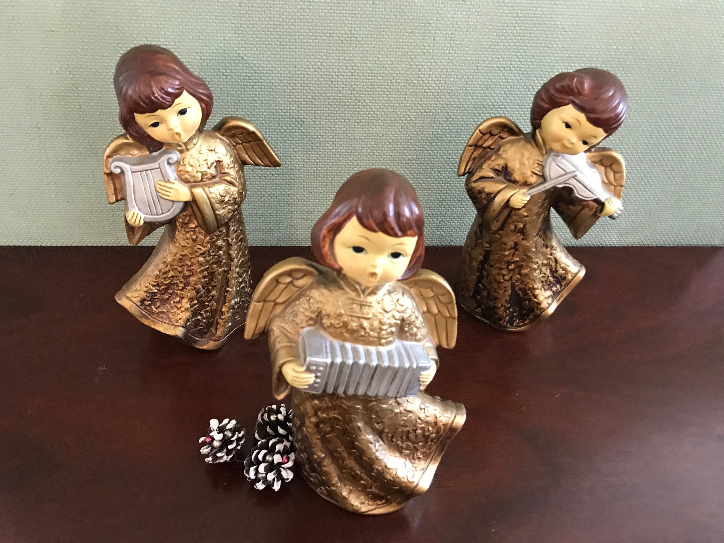 Vintage Chalkware Angel Figurines with instruments Trio of Gold Angels ...