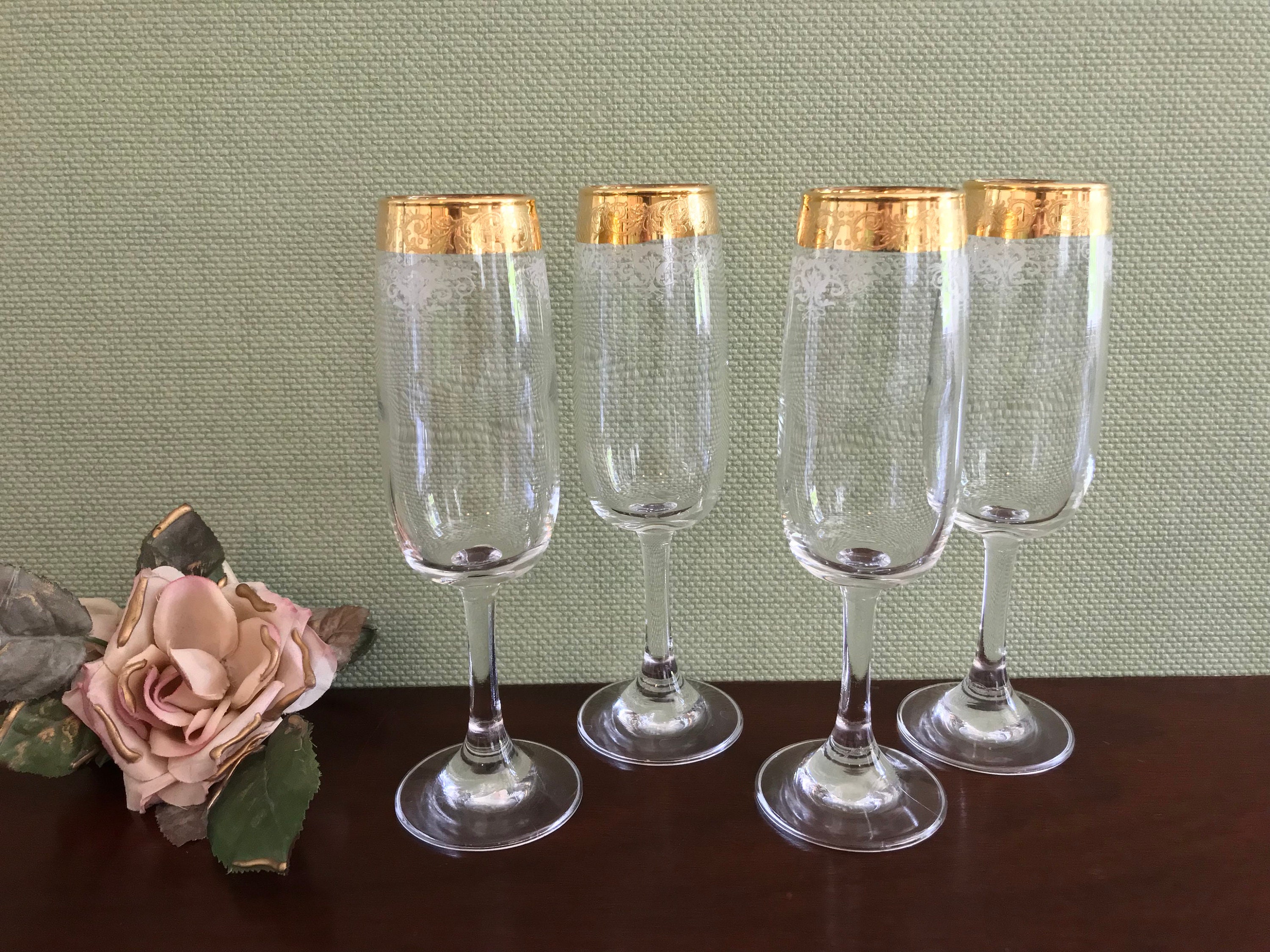 Vintage Glass Flutes with gold Band, Set of 4 Wedding flutes or ...