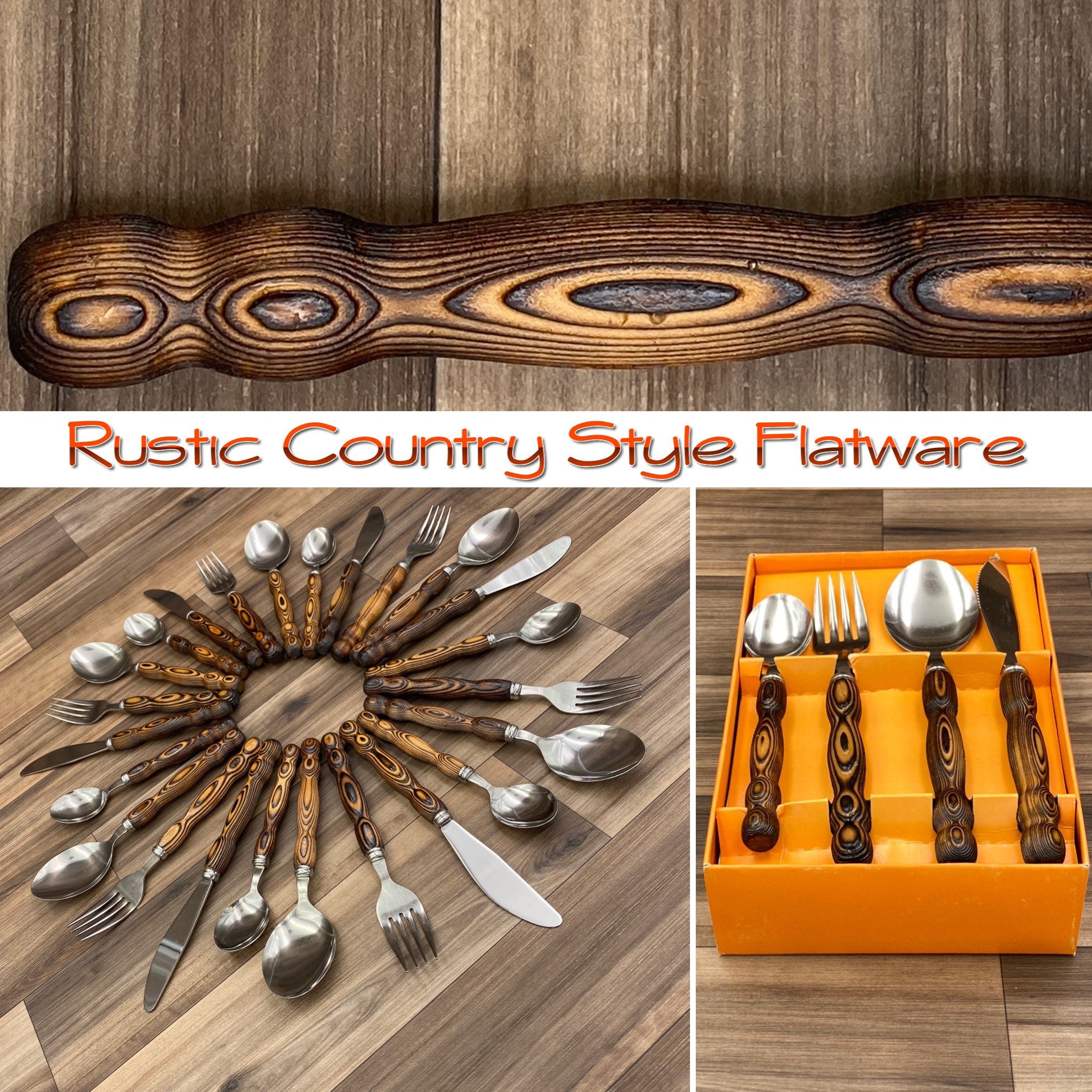 Country style Flatware set Retro Burned Wood Handle silverware Rustic ...