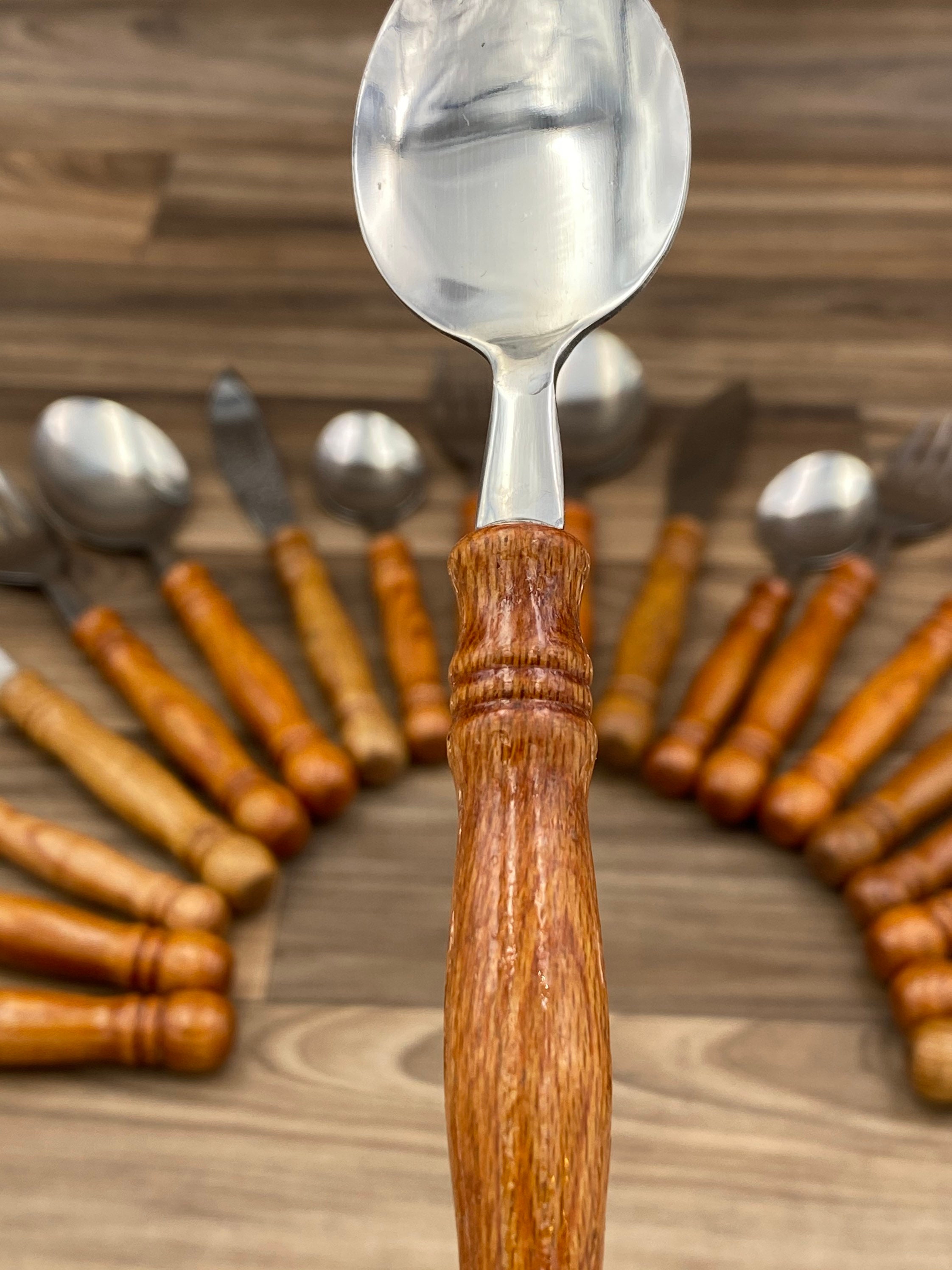 Vintage Wood Handled Flatware set, service for 8, Colonial Style ...