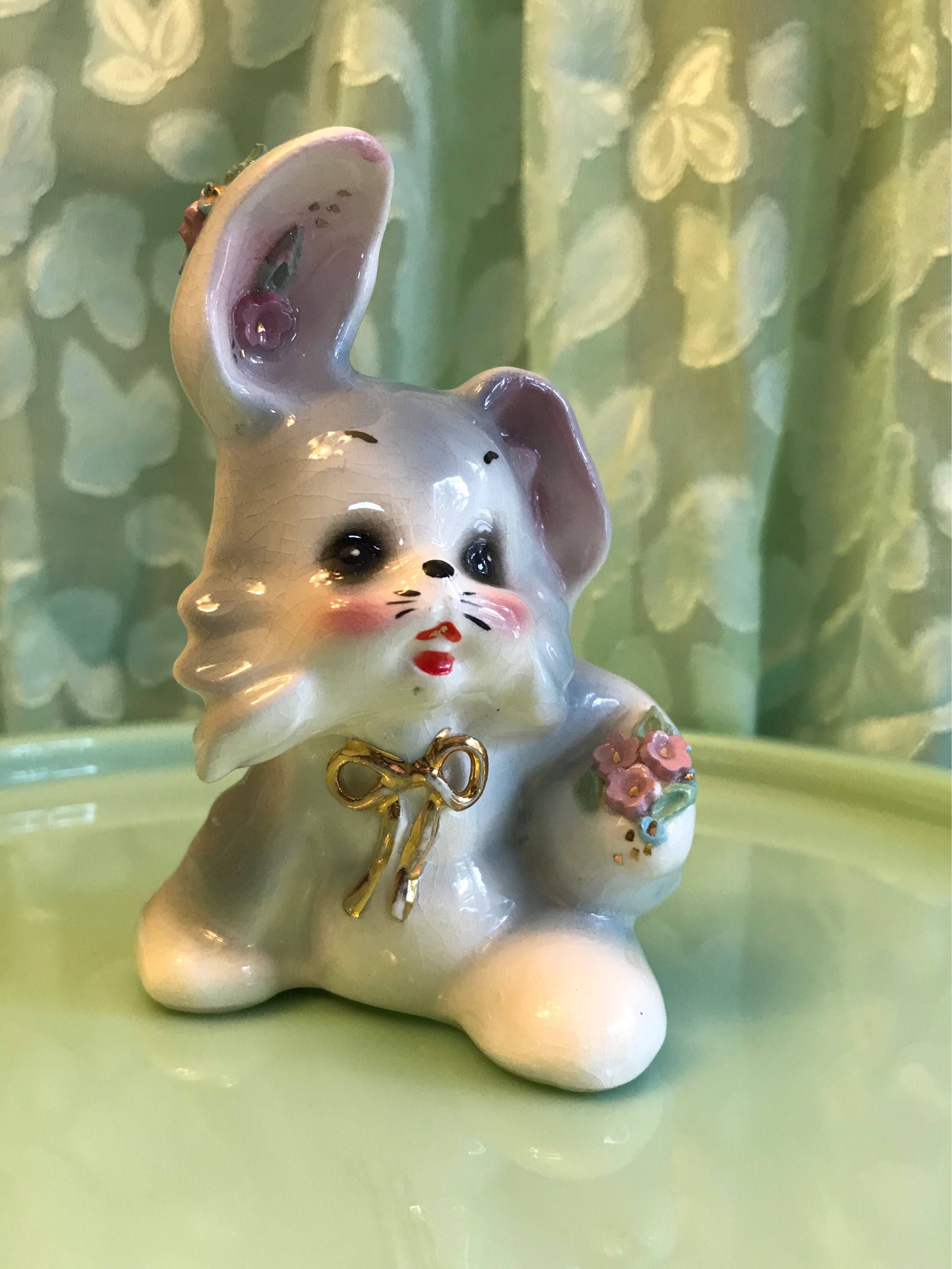 Porcelain Bunny Figurine, Figural gray and white Bunny with flowers ...