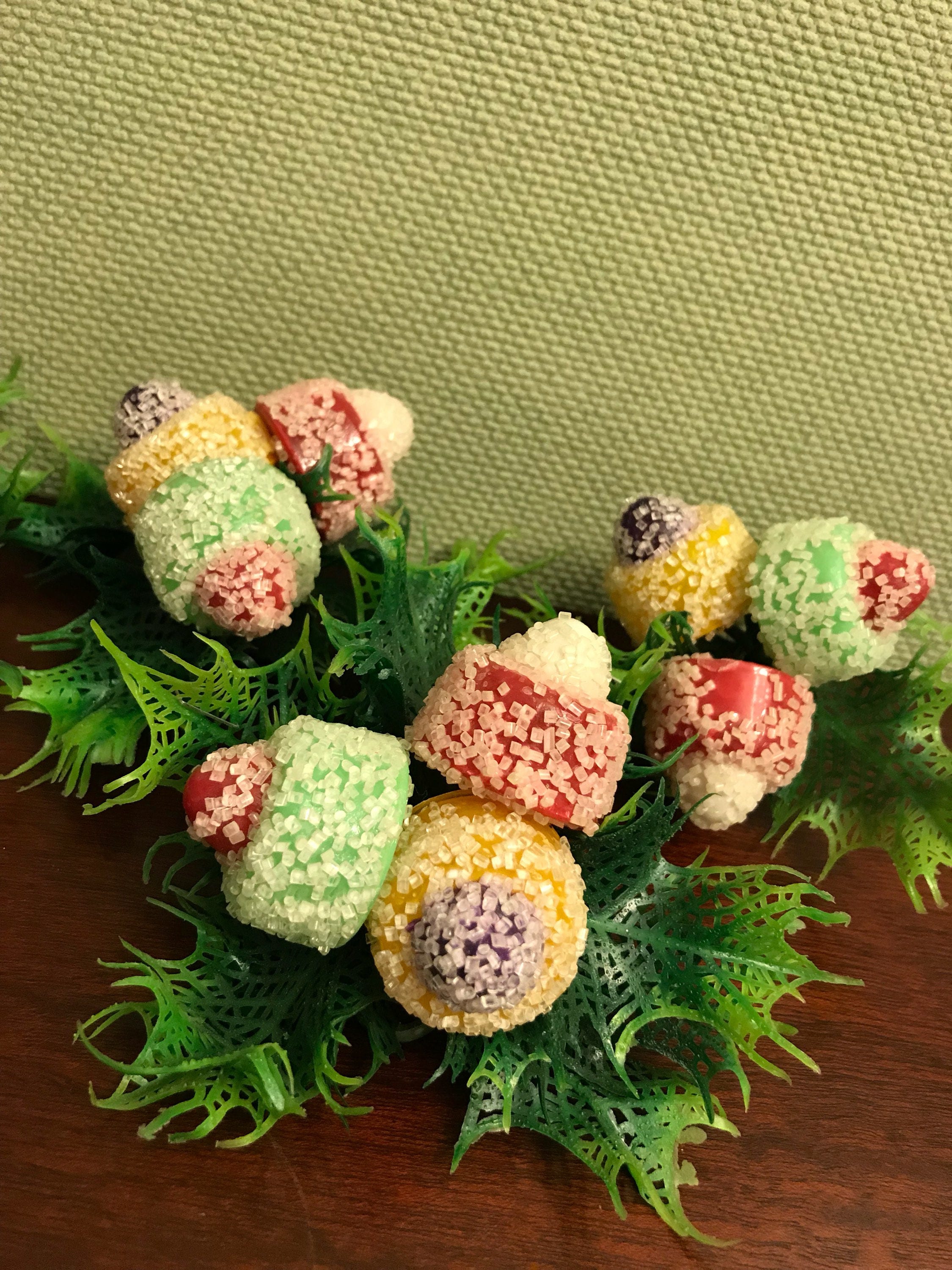 Vintage Candy and Holly leaf floral picks, sugared candy Holiday decor ...