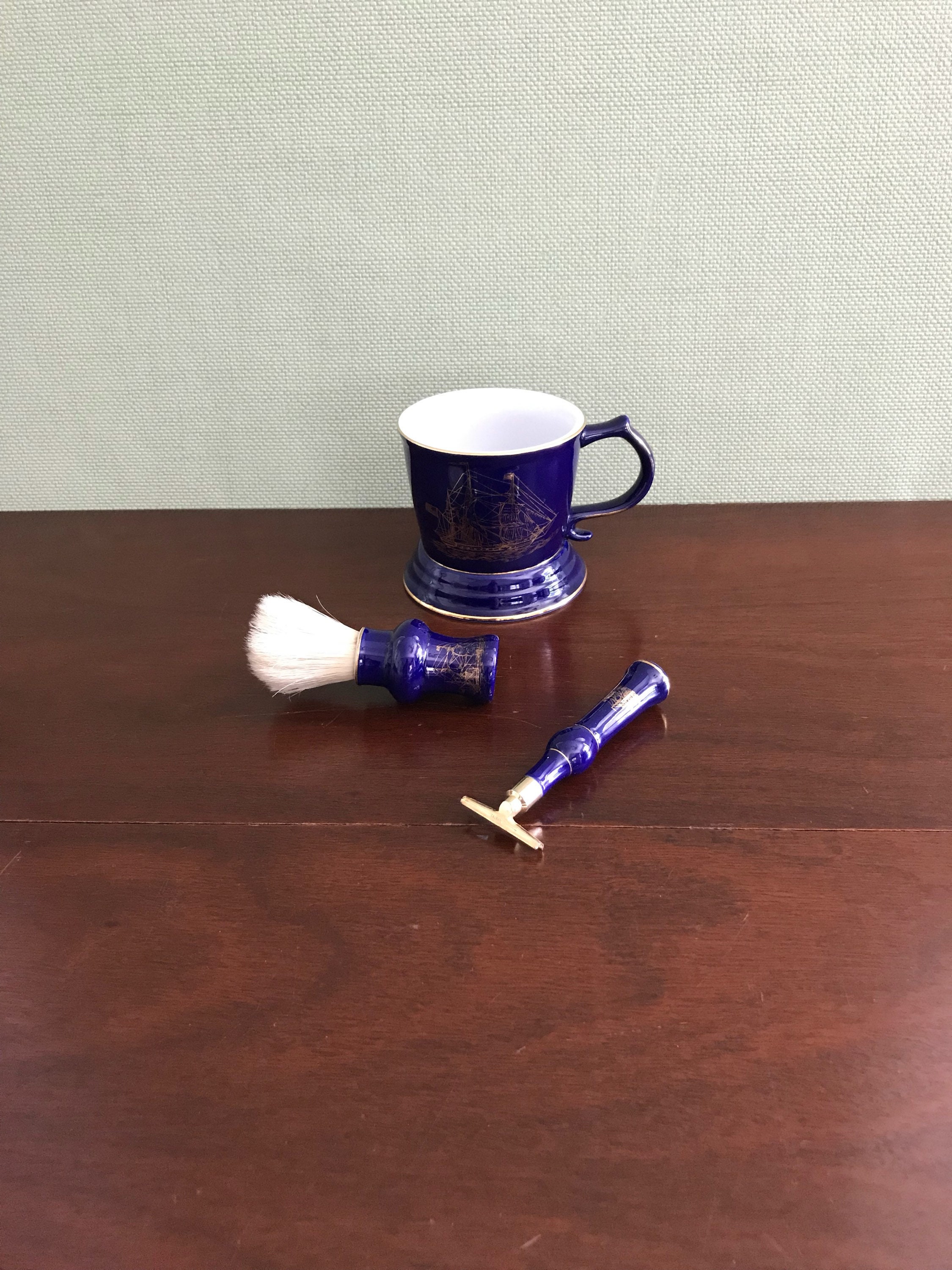 Vintage Blue Shaving Mug, Ceramic Shaving Mug with Ship, shaving brush ...