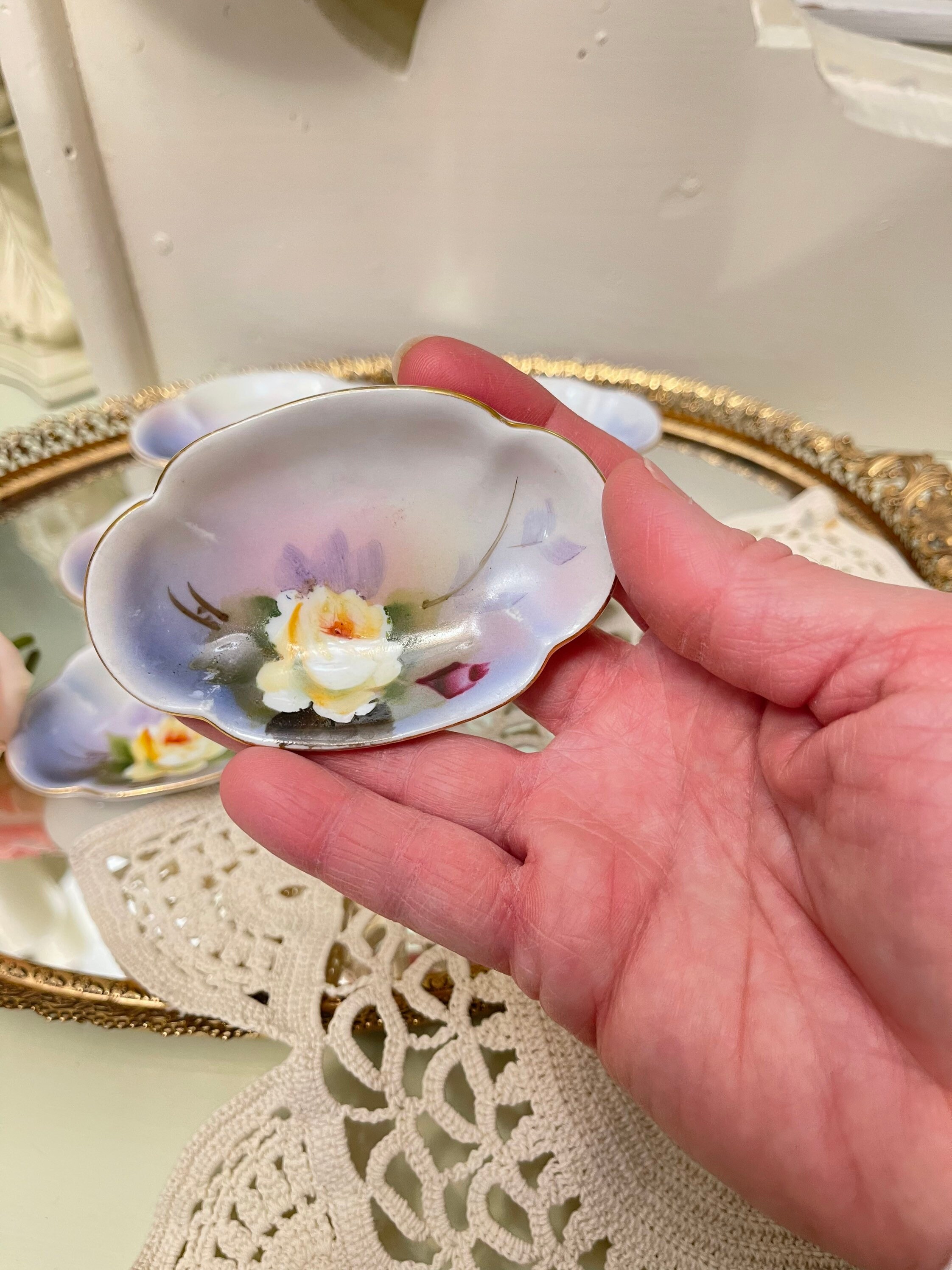 Handpainted Butter Pats, Butter chips salt dips, Roses on porcelain and ...