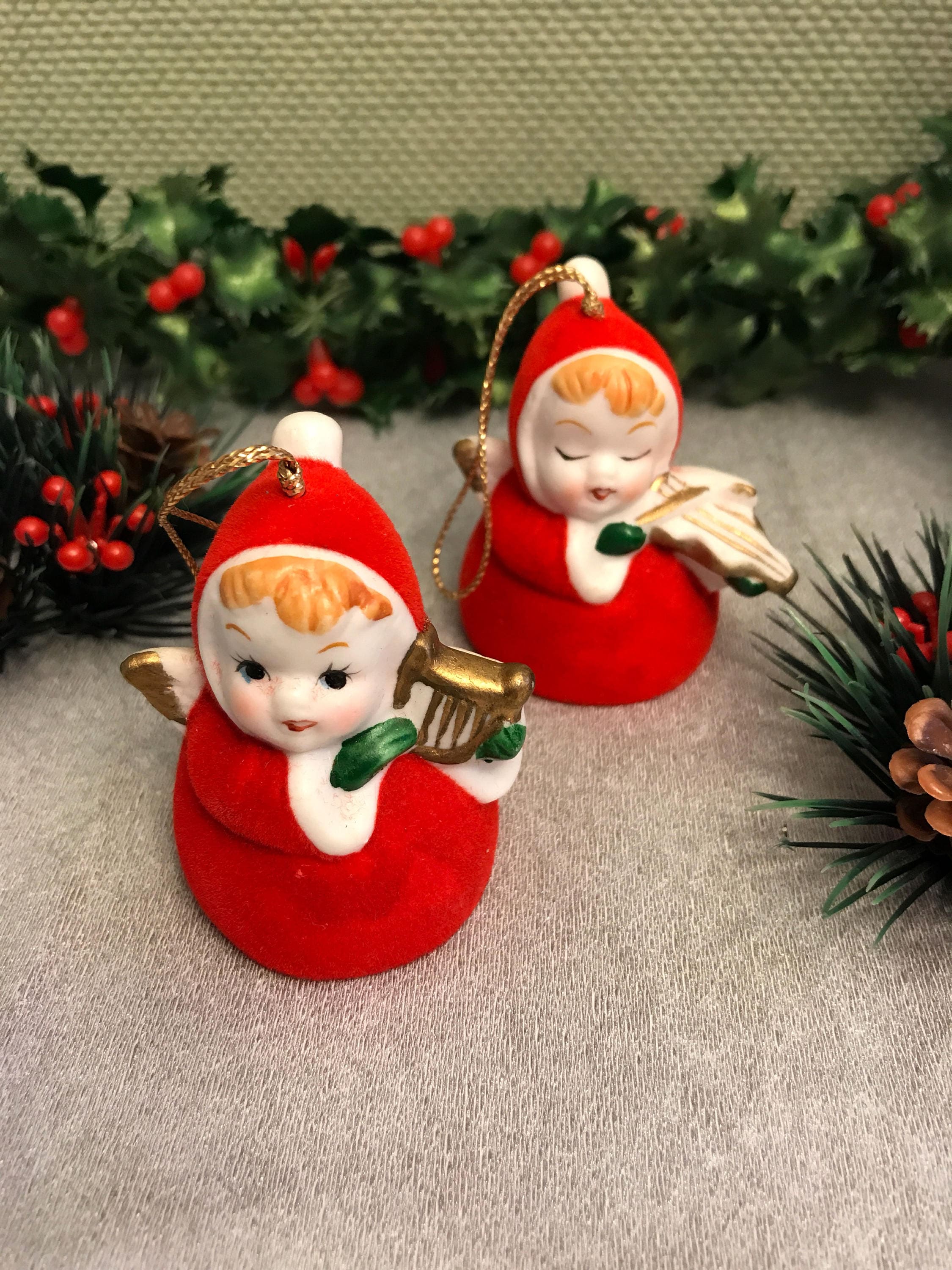 Vintage flocked Angel Bell Ornaments, Porcelain bell Angels, Red ...