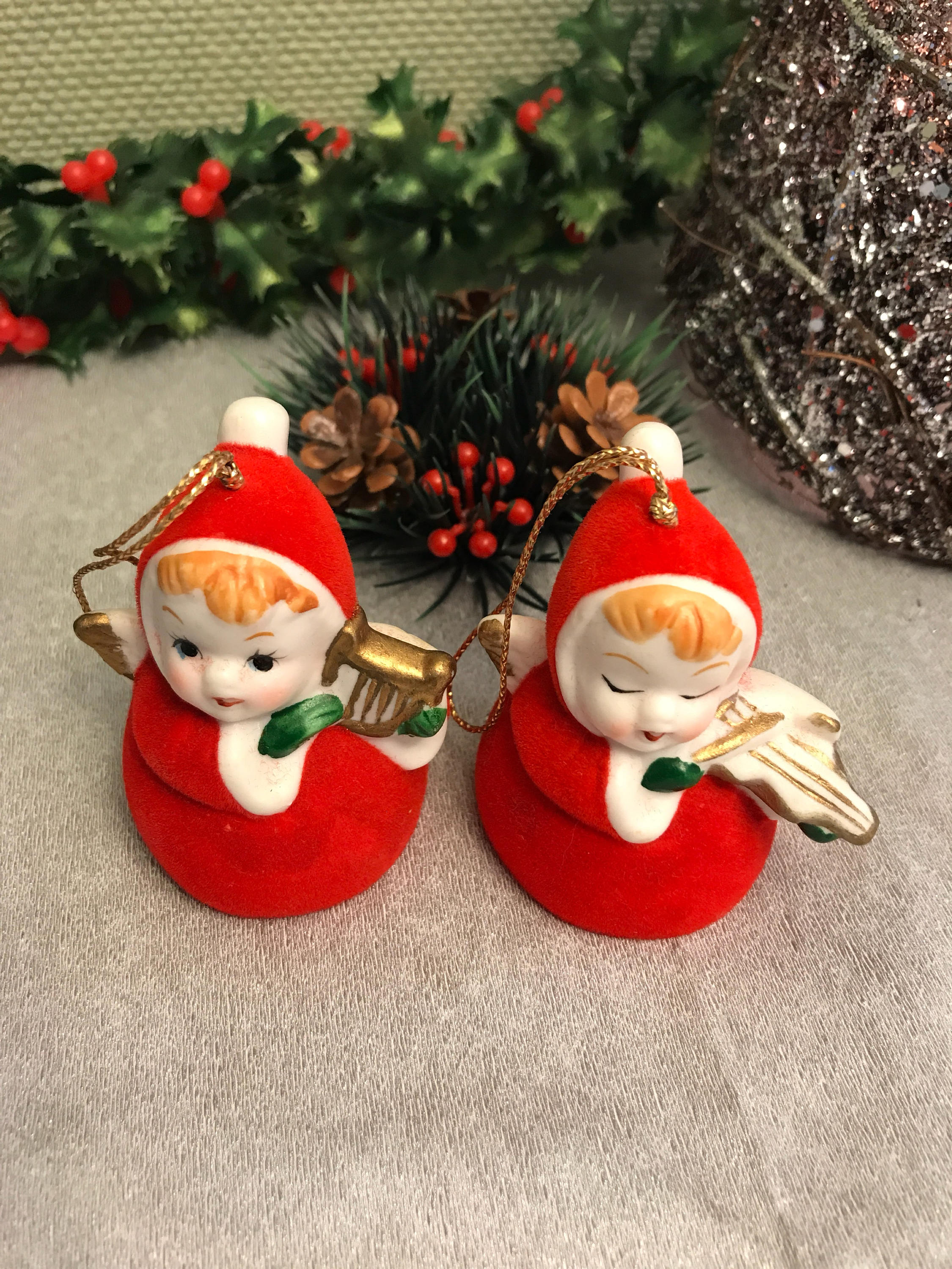 Vintage flocked Angel Bell Ornaments, Porcelain bell Angels, Red ...