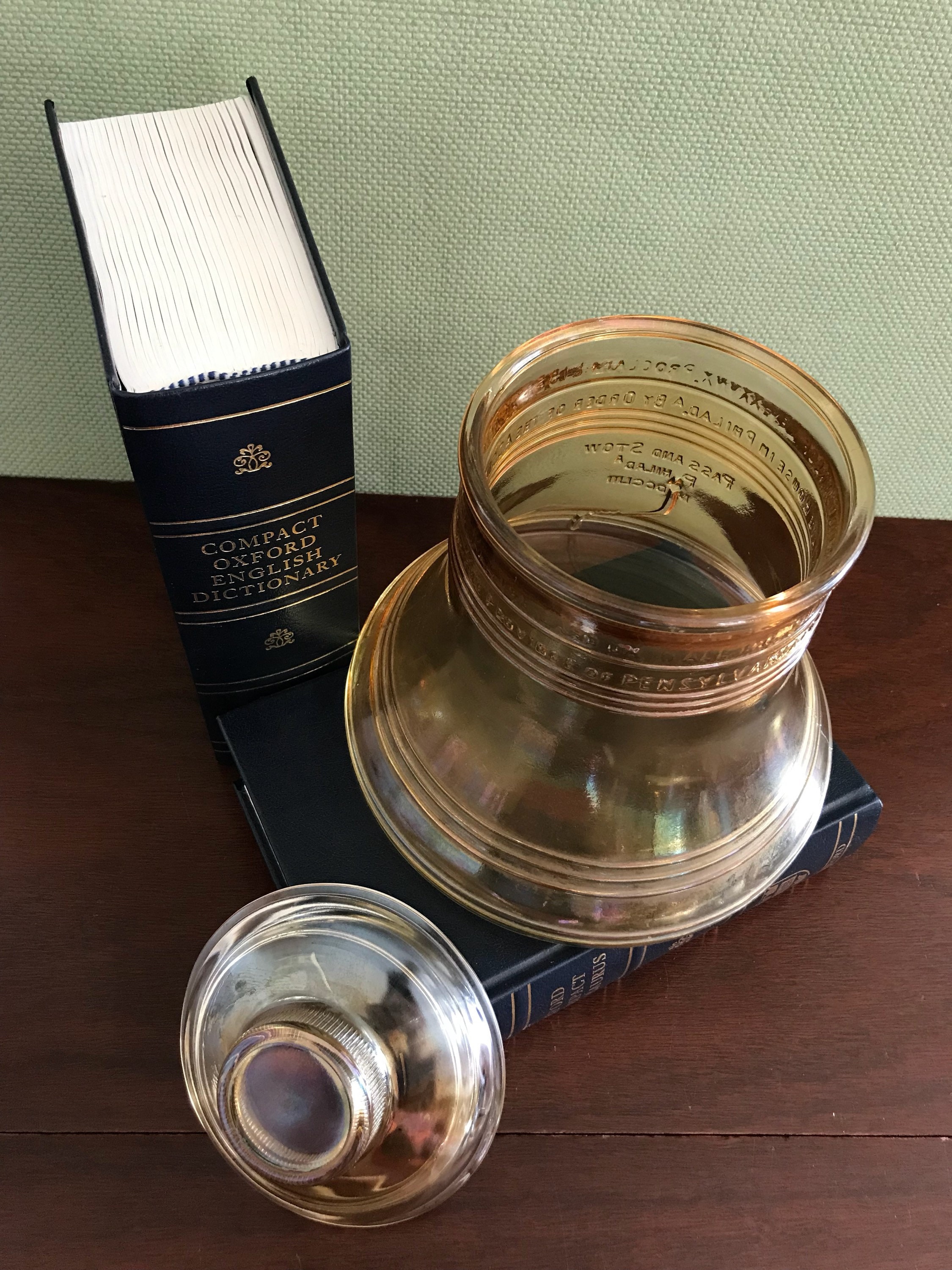 Vintage Liberty Bell Cookie Jar, iridescent glass storage jar ...