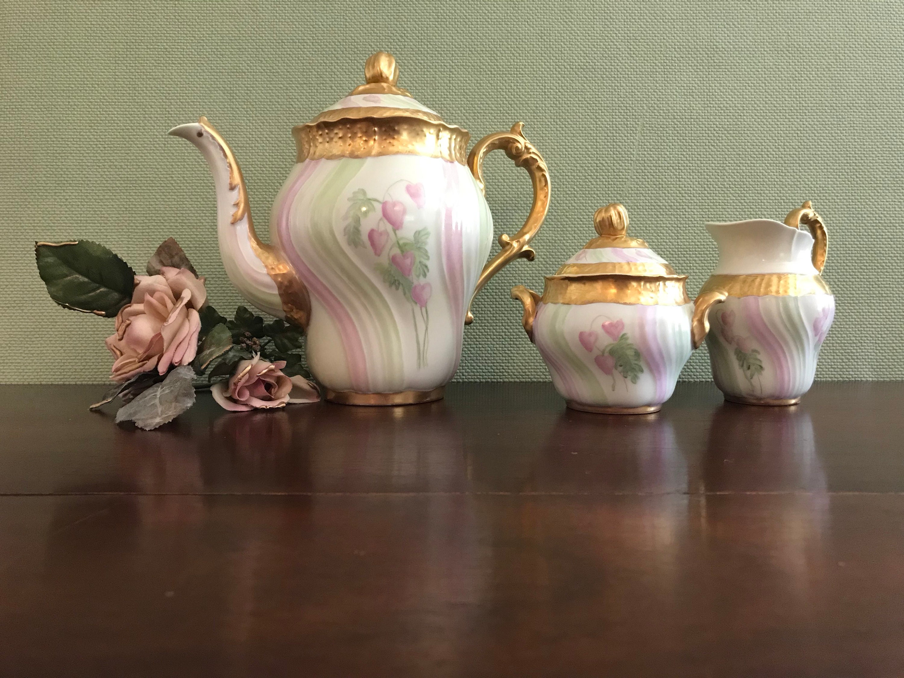 Vintage Hand painted Tea Set, Floral Teapot with matching cream and sugar