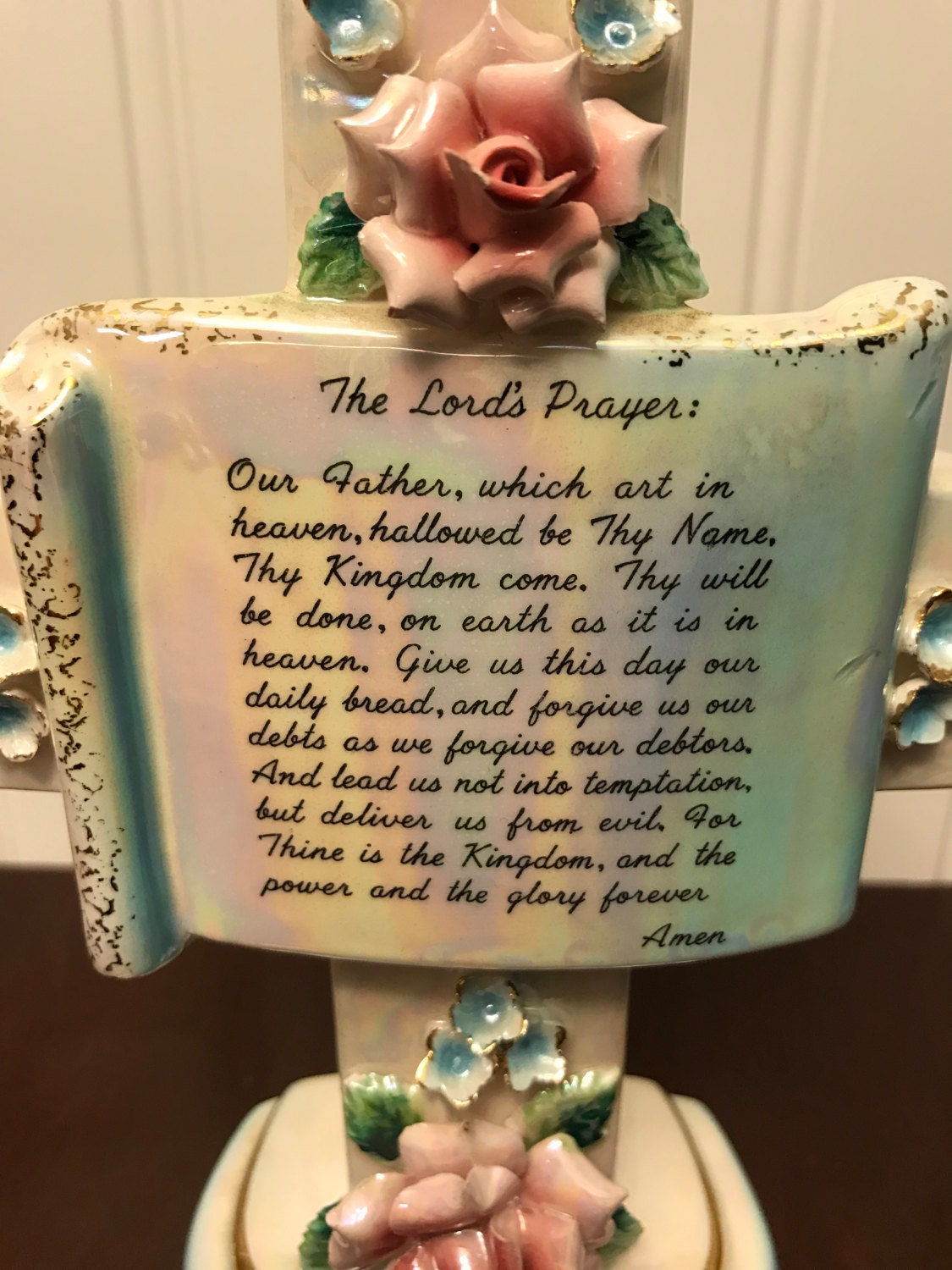 Vintage Lord's Prayer Cross, Pocket Vase, luster glazed ceramic, flower ...