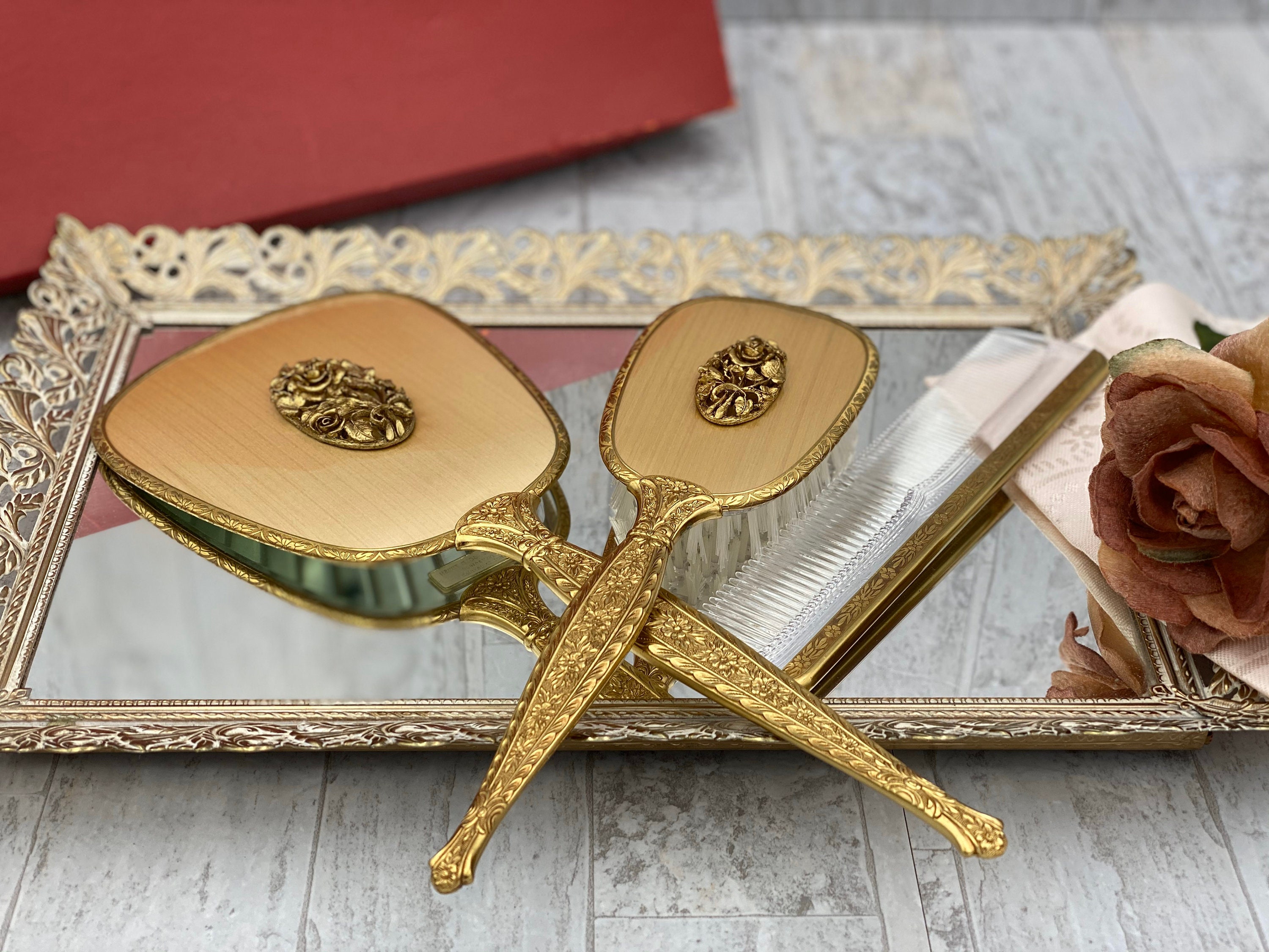 Vintage Gold Vantity Set 24ct Gold plated dresser set, Hand mirror ...
