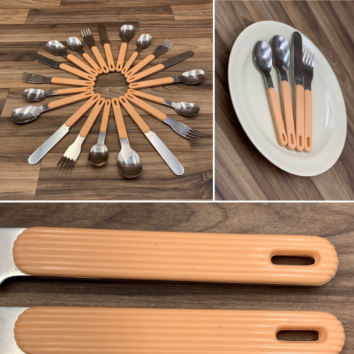 Vintage Flatware set Stainless Steel and Peach Plastic Handles, pierced ...