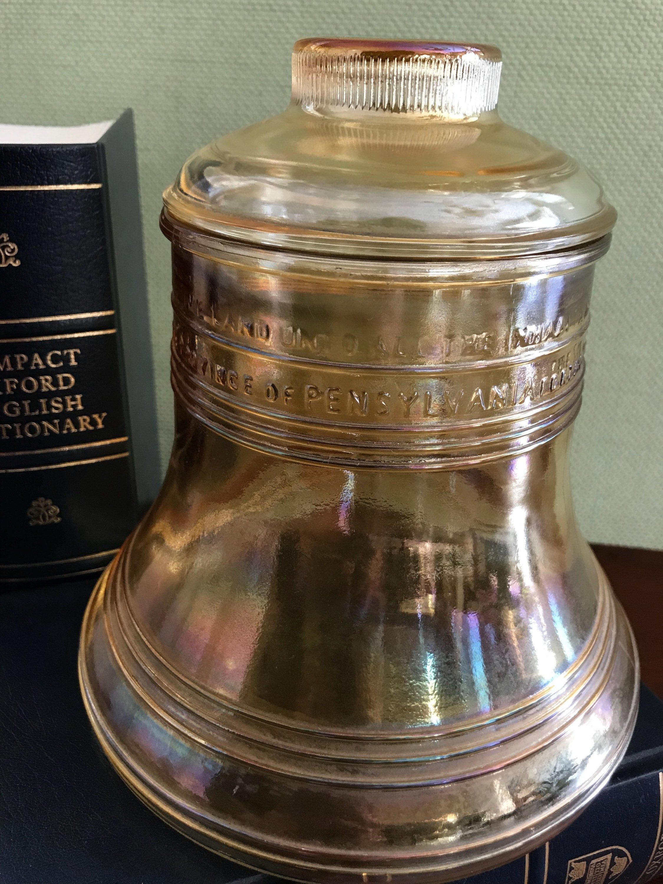 Vintage Liberty Bell Cookie Jar, iridescent glass storage jar ...