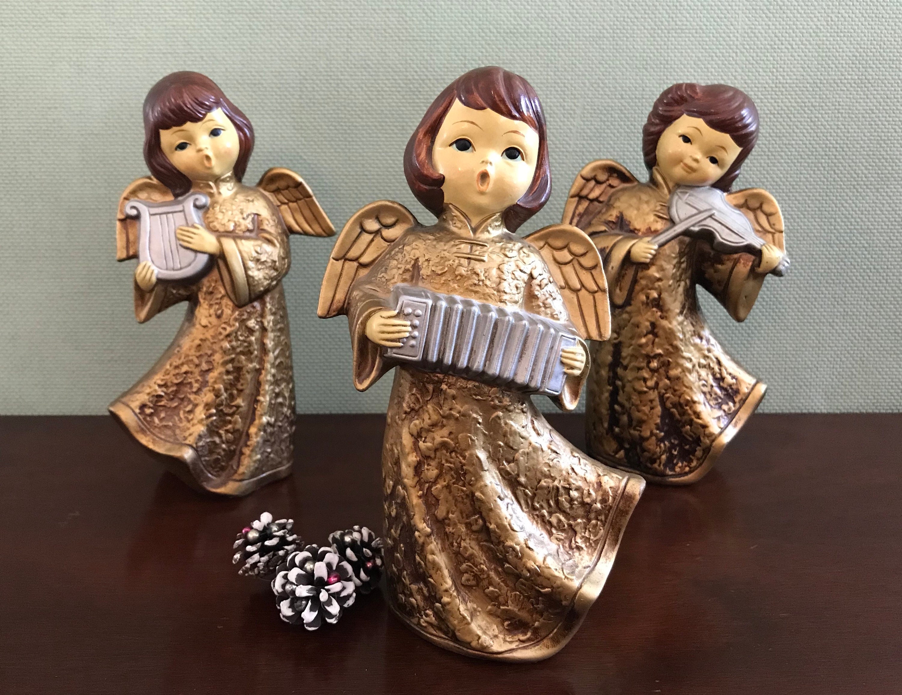 Vintage Chalkware Angel Figurines with instruments Trio of Gold Angels ...