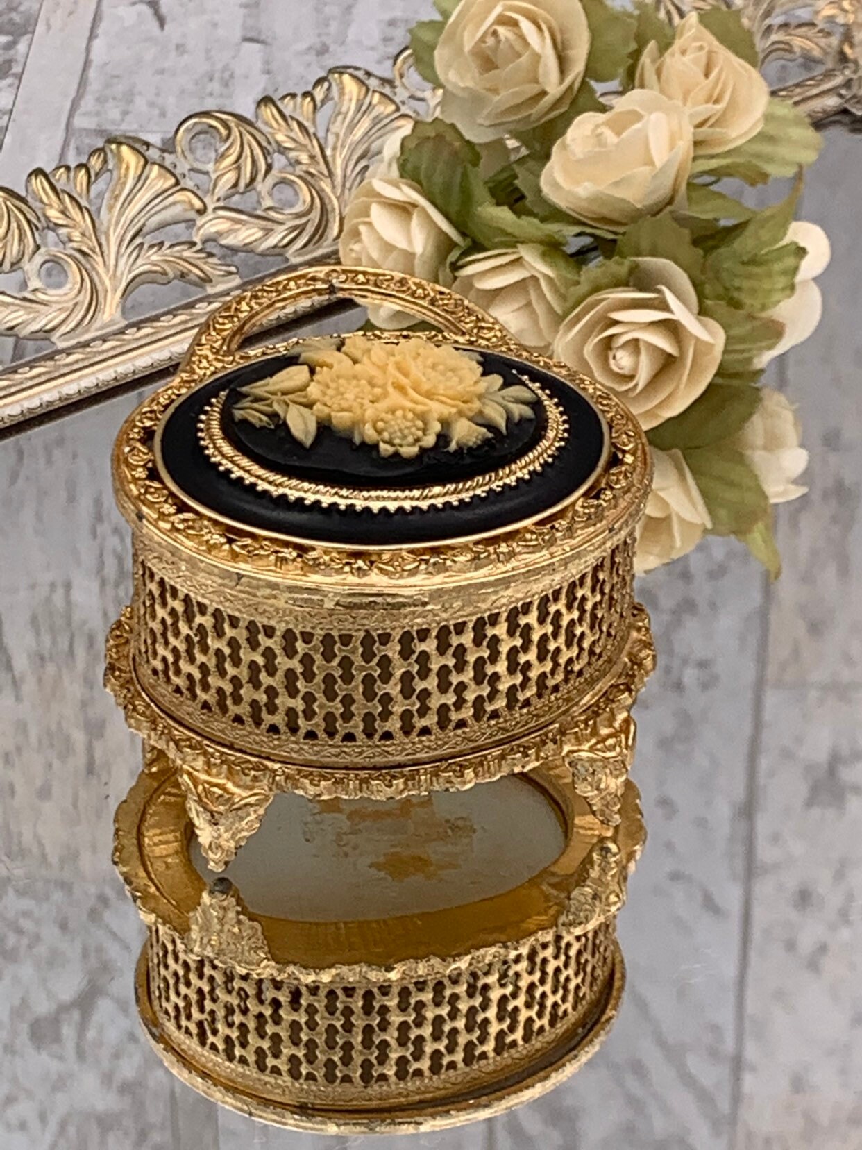 Florenza Gold Trinket box, Floral Purse shaped Mirror Lid, Gold Ring ...