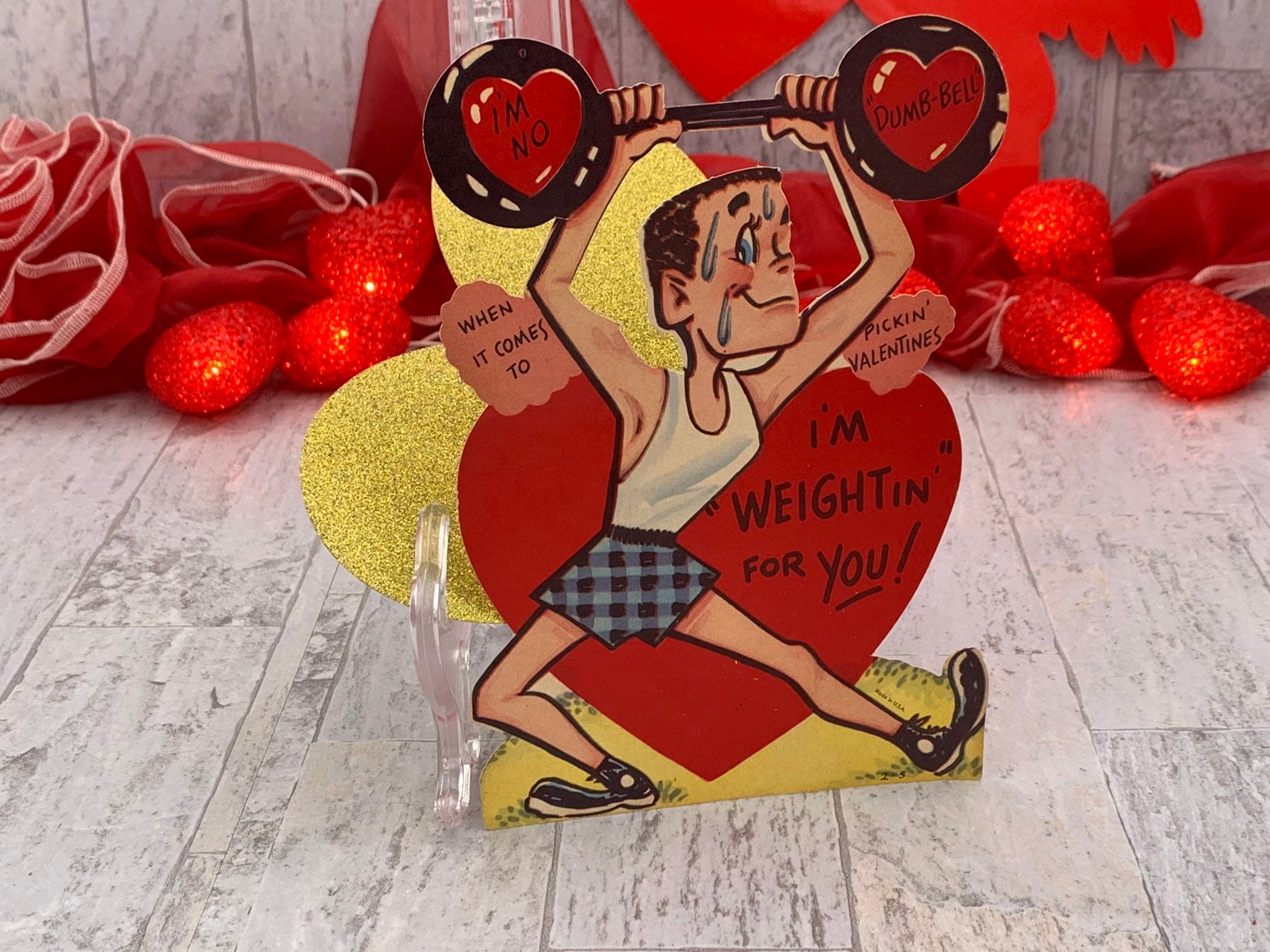 Vintage large Valentine card, Weight lifter Comic card, die cut ...