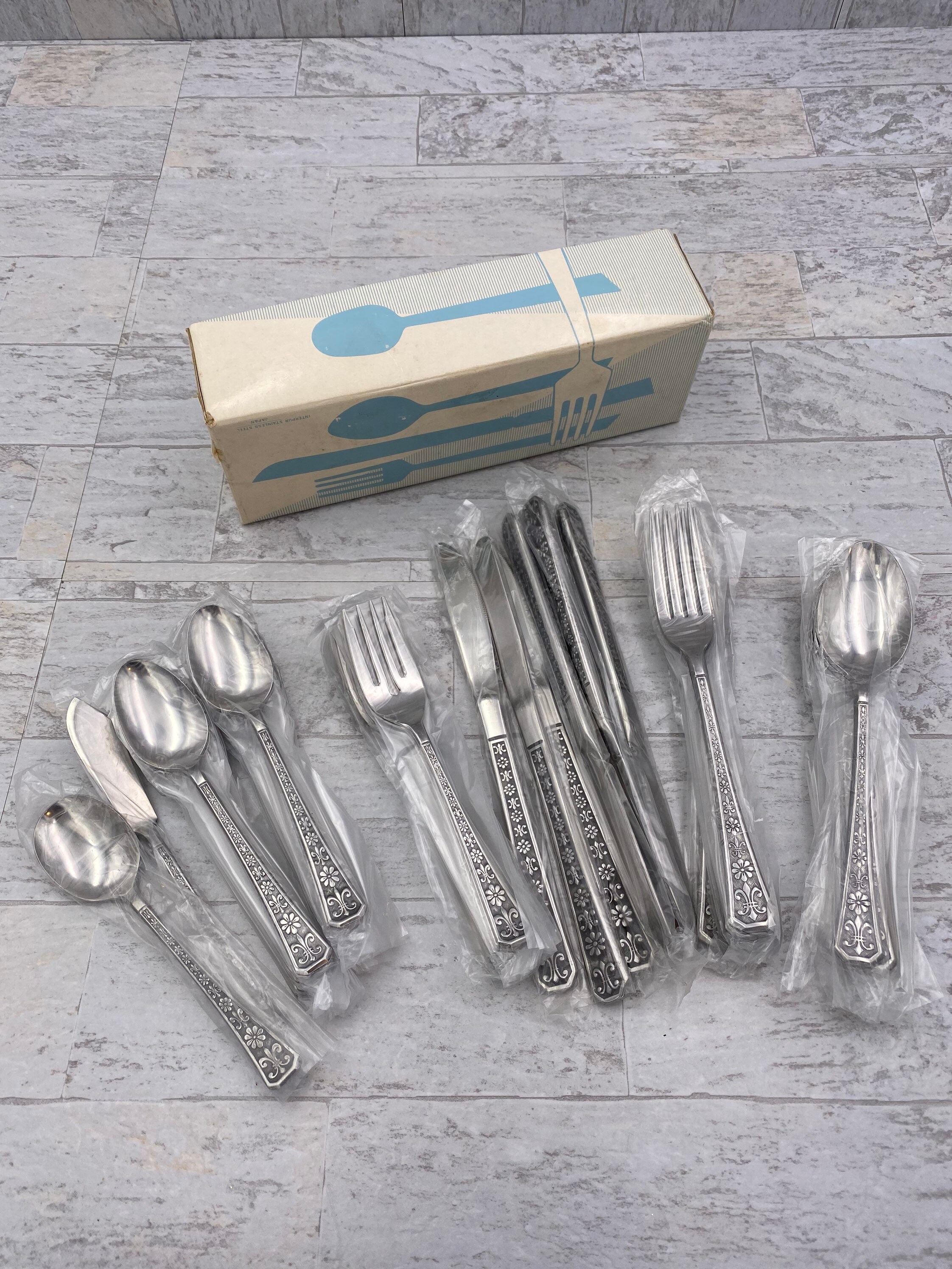Mid Century Stainless Flatware set Florenz by Interpur Floral handle ...