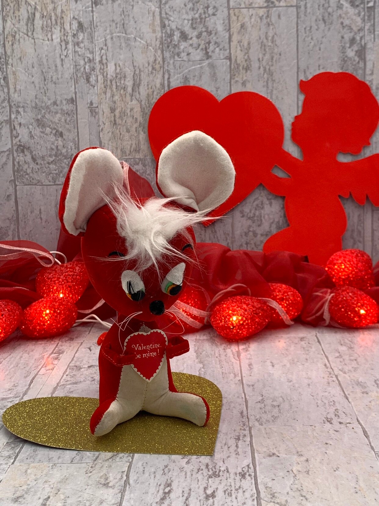 Vintage Red Velvet Valentine Mouse, Stuffed Be My Valentine Big eared ...