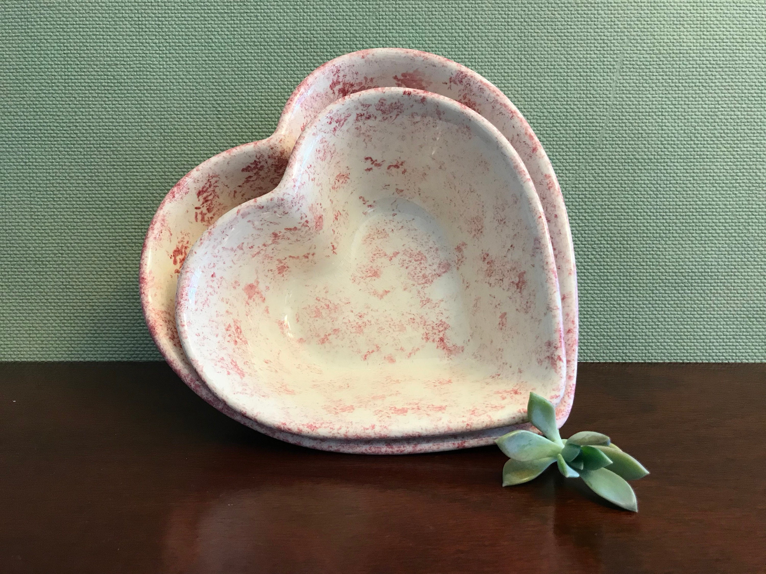 Heart shaped ceramic bowls, pink spongeware bowl set, nesting bowls ...