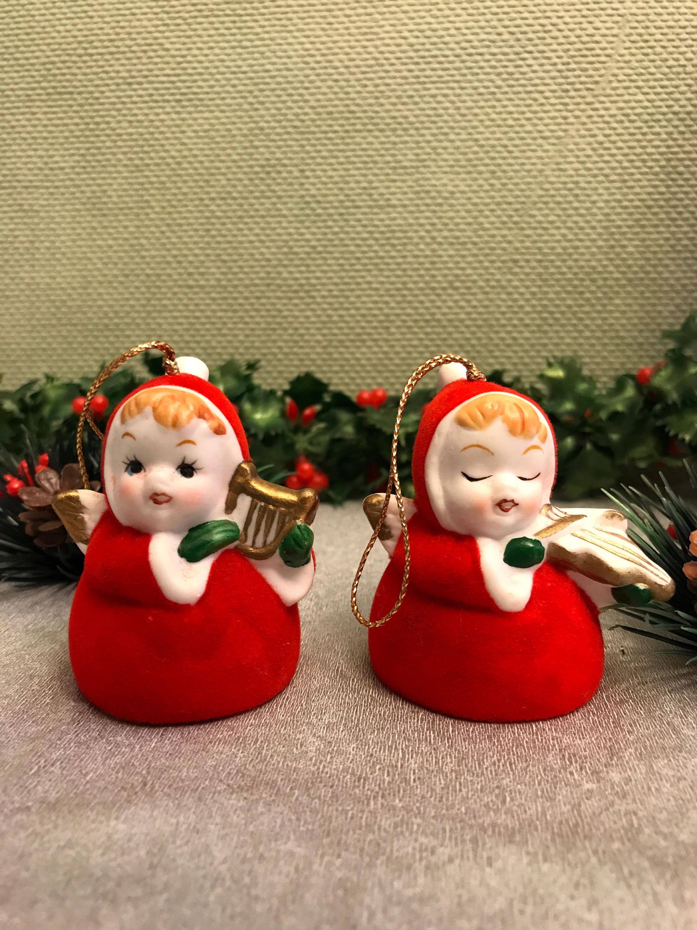 Vintage flocked Angel Bell Ornaments, Porcelain bell Angels, Red ...