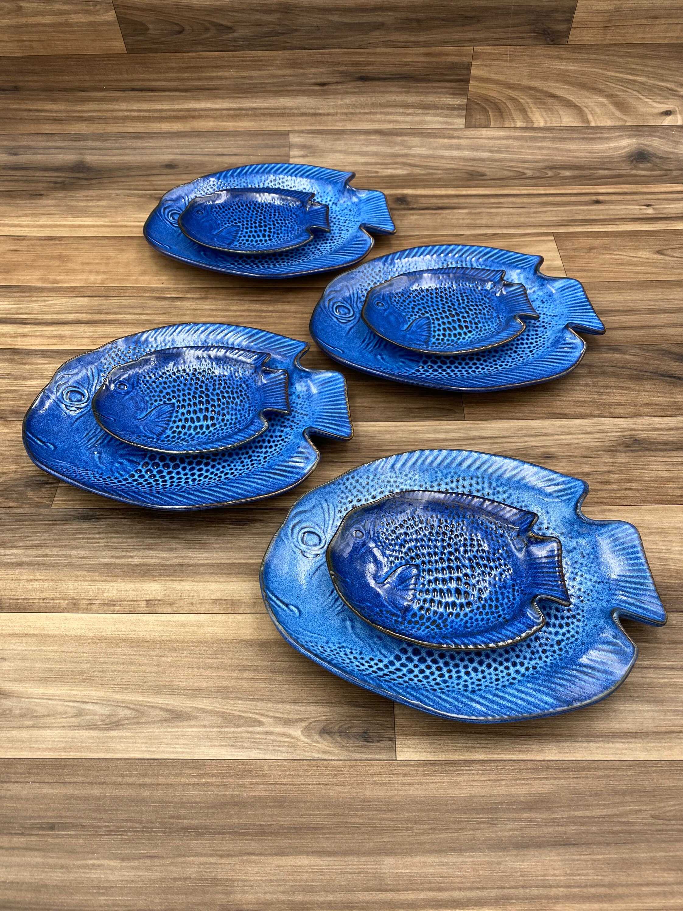 Ceramic Blue Fish Dish set, matching fish shaped plates, Beach house ...