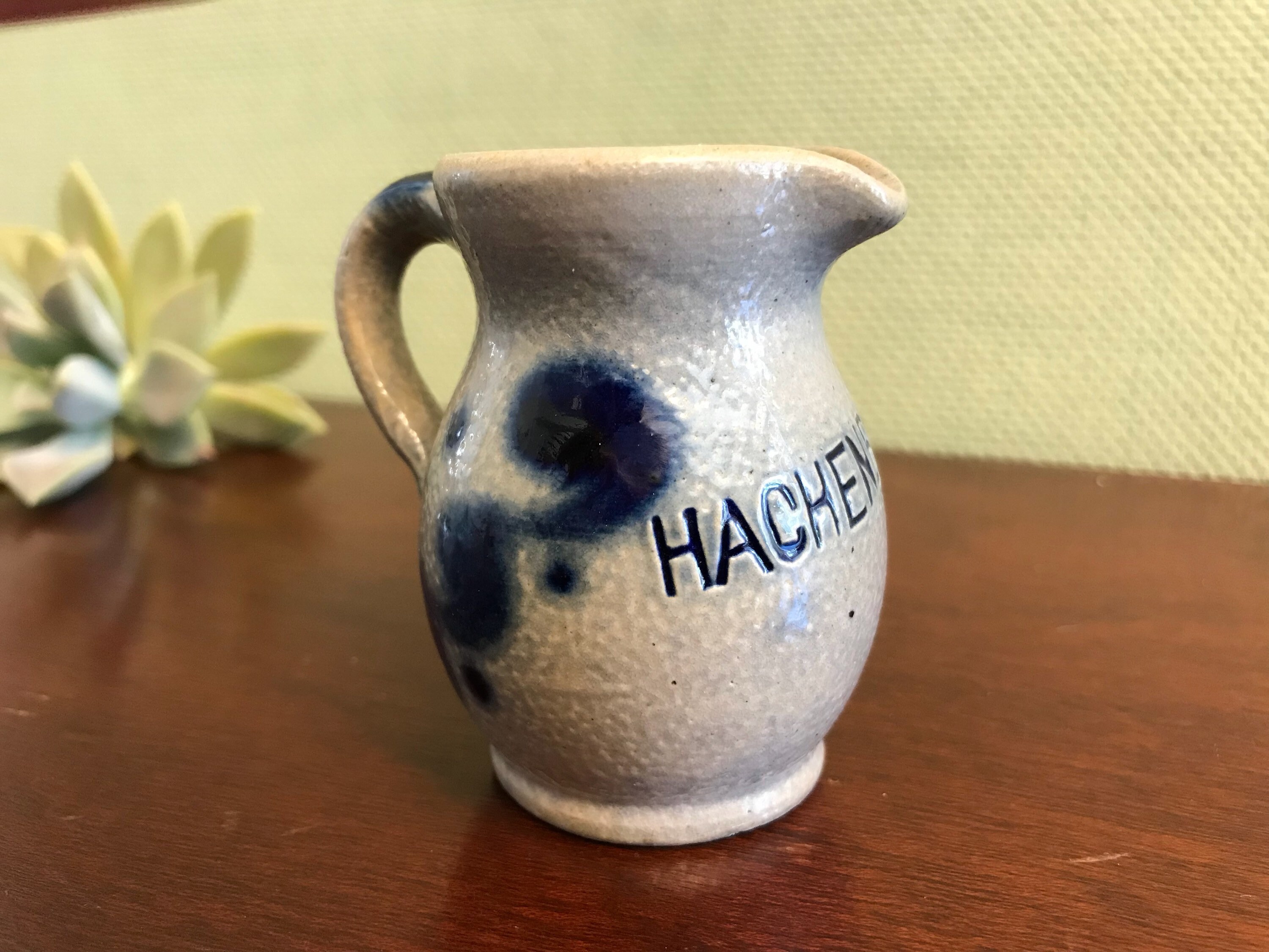 Miniature Ceramic Blue Pitcher Hachenburg Germany, Blue salt glaze Folk ...