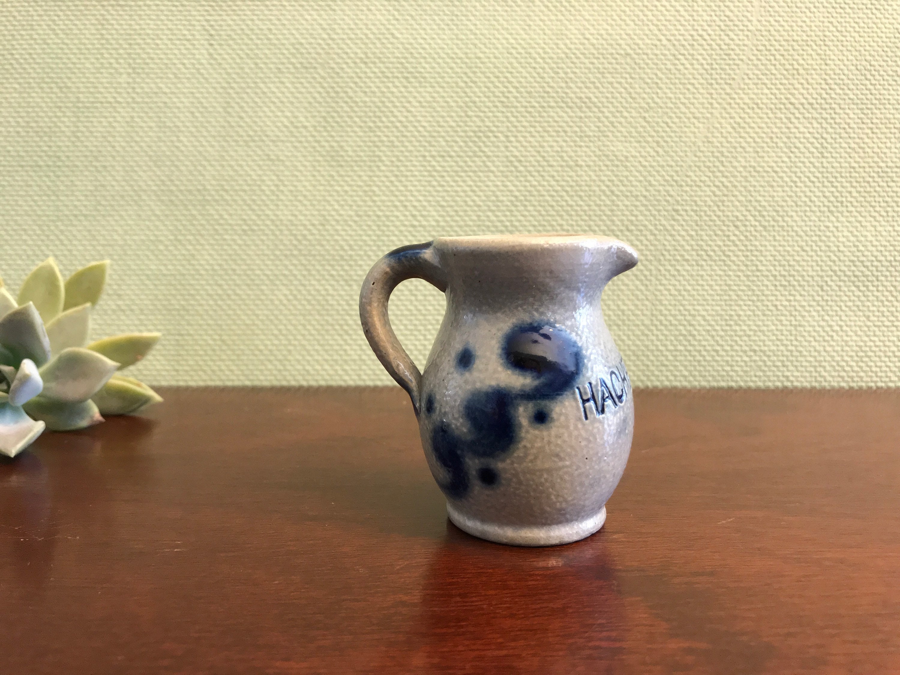 Miniature Ceramic Blue Pitcher Hachenburg Germany, Blue salt glaze Folk ...
