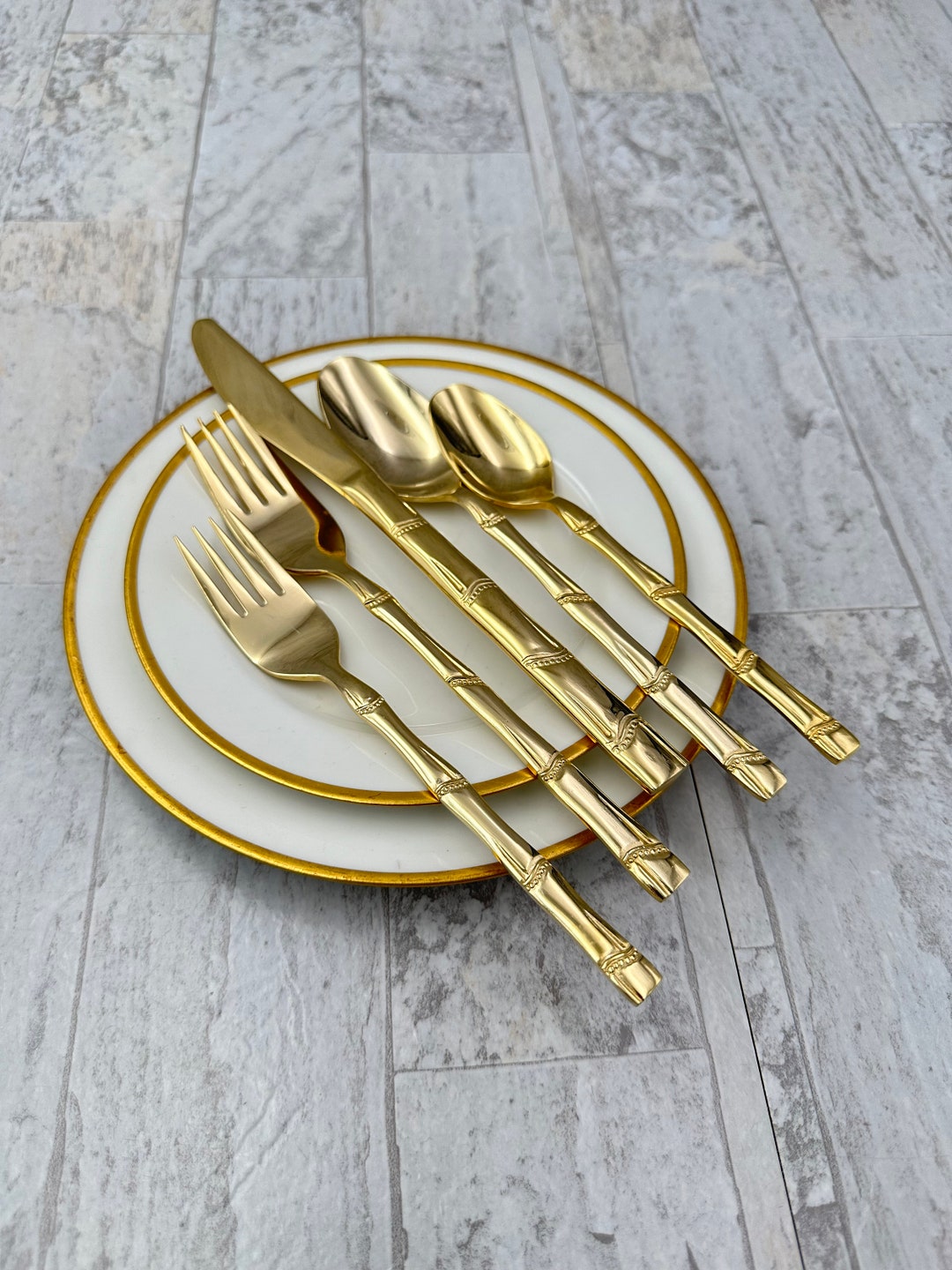 Vintage Gold Flatware Set, Bamboo Golden Borneo Pattern, Present 5th ...