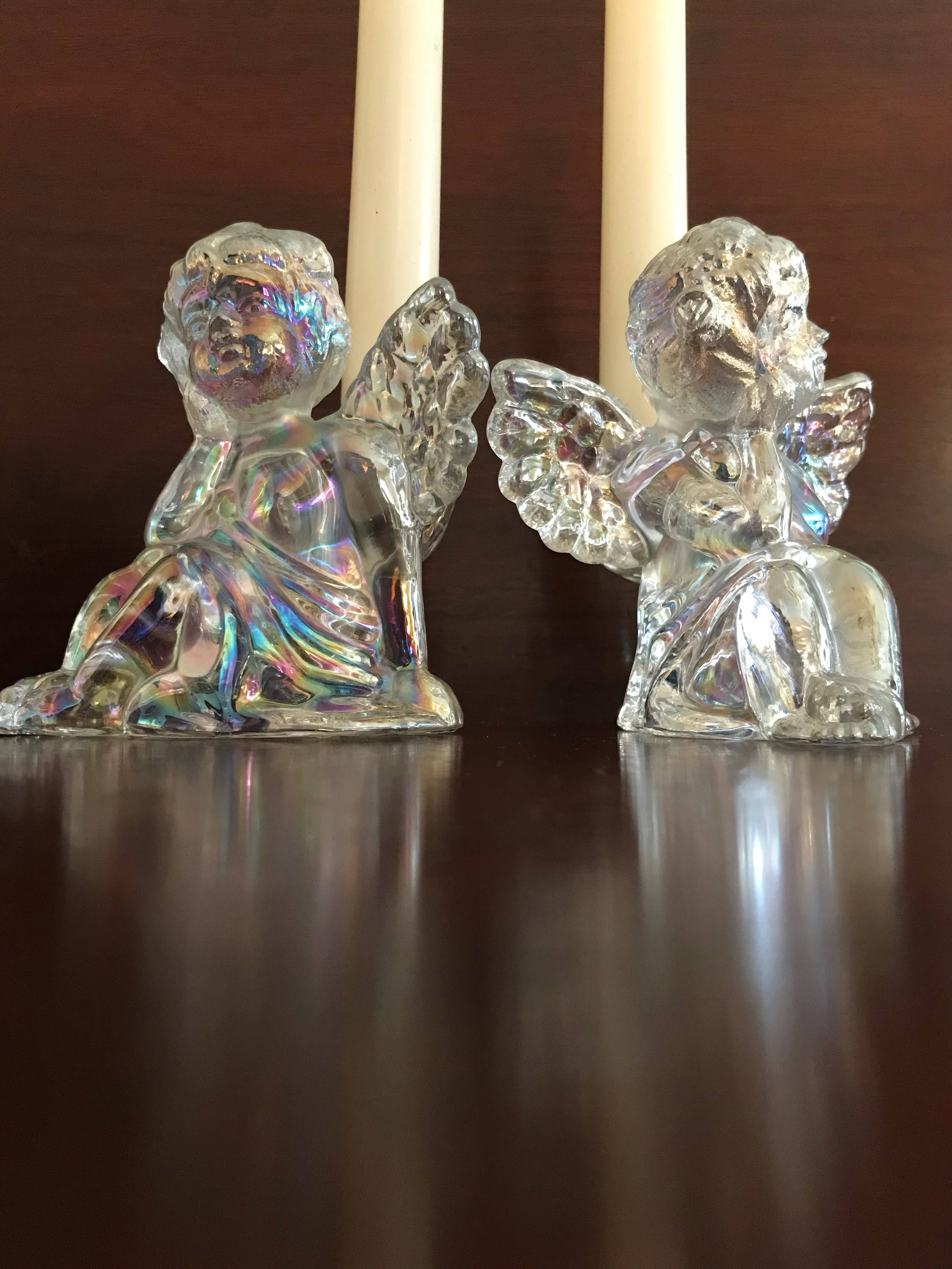 Vintage Cherub Candlestick Holders, Iridescent Glass Angel, Figural ...