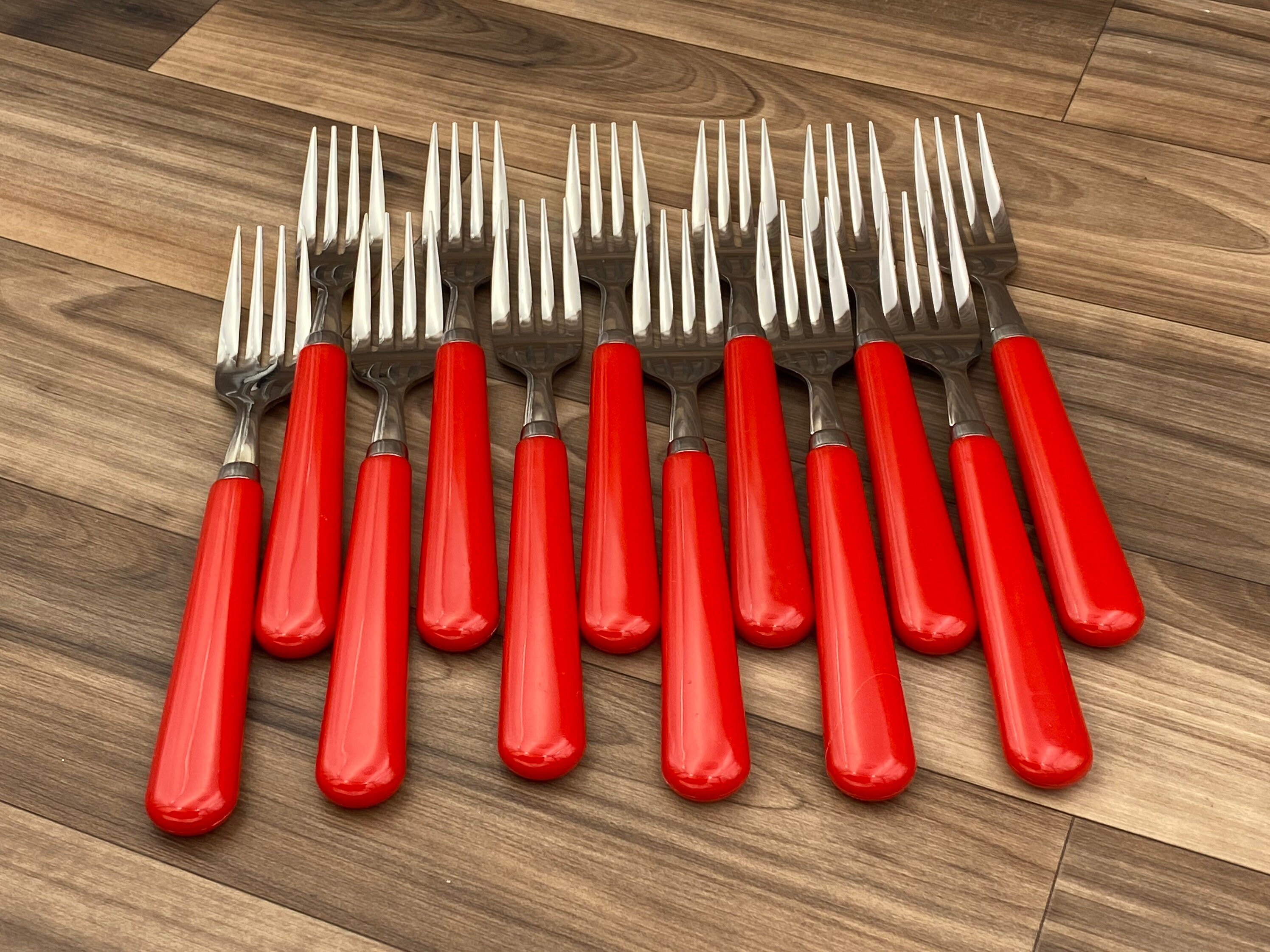 Vintage Flatware Set, Service for 12, Stainless Steel Red Handles ...