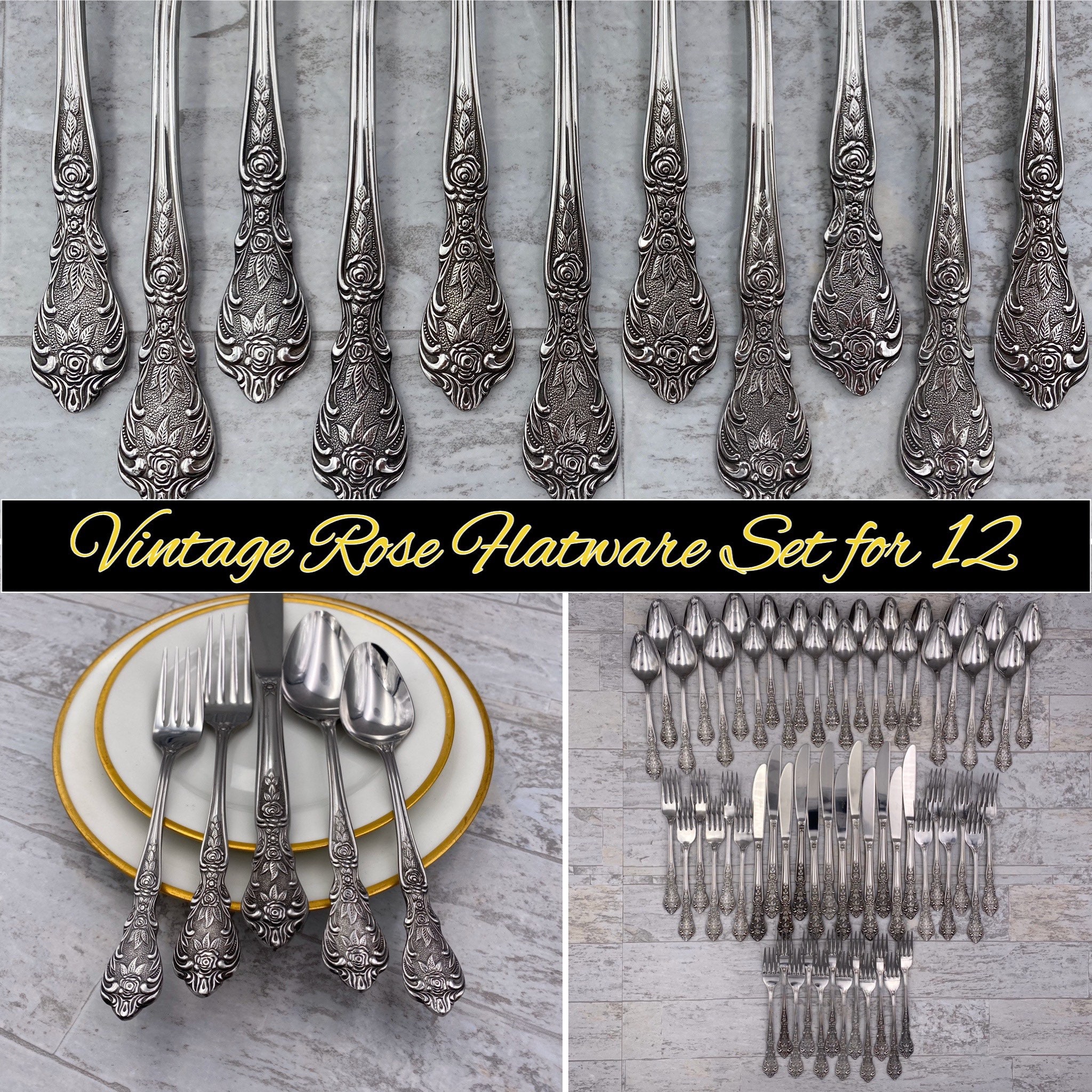 Vintage Stainless Flatware Set, Large Service for 12 Rose Pattern ...