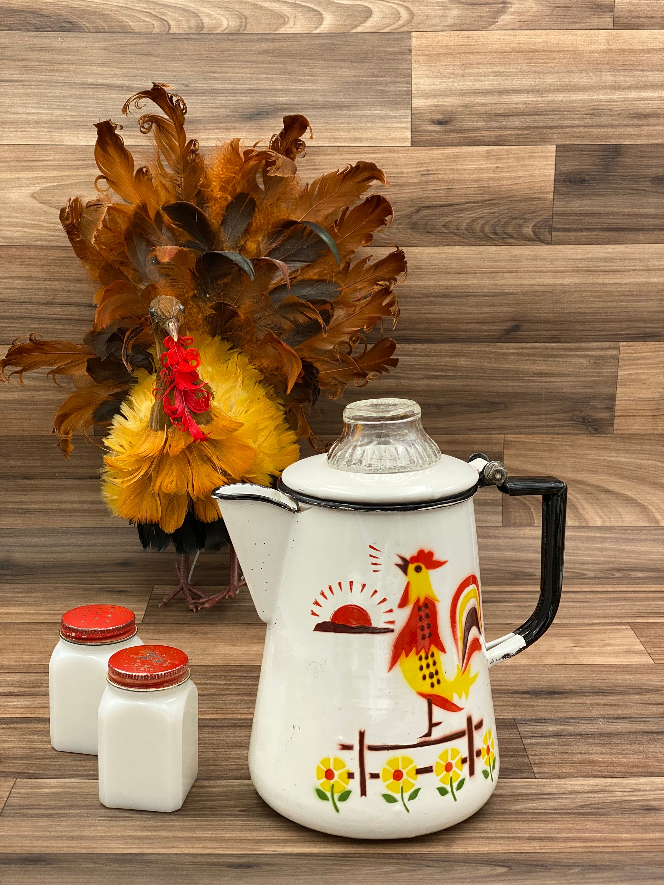 Vintage Enamelware Coffee pot, Rooster and sunflowers, rustic farmhouse ...