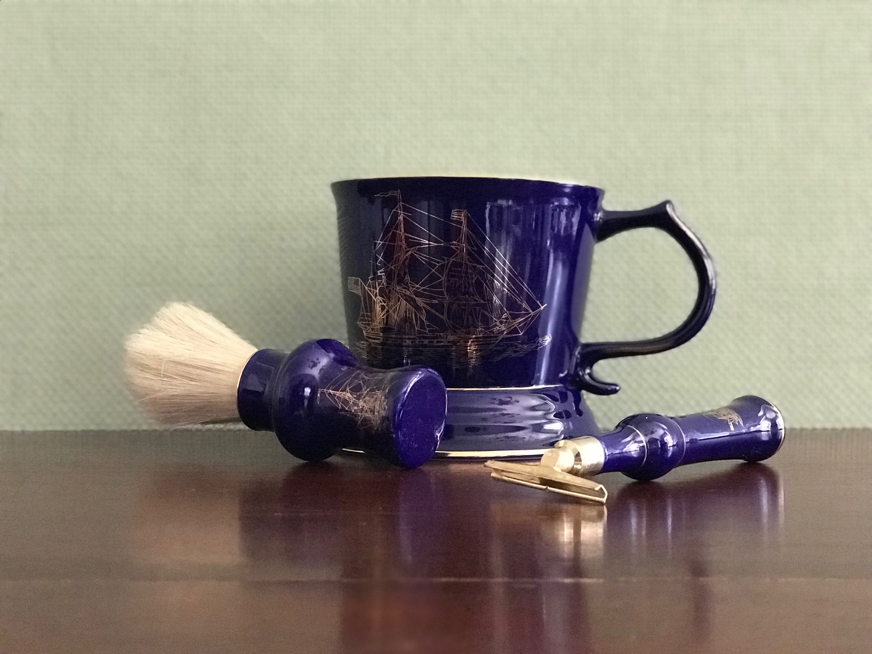 Vintage Blue Shaving Mug, Ceramic Shaving Mug with Ship, shaving brush ...
