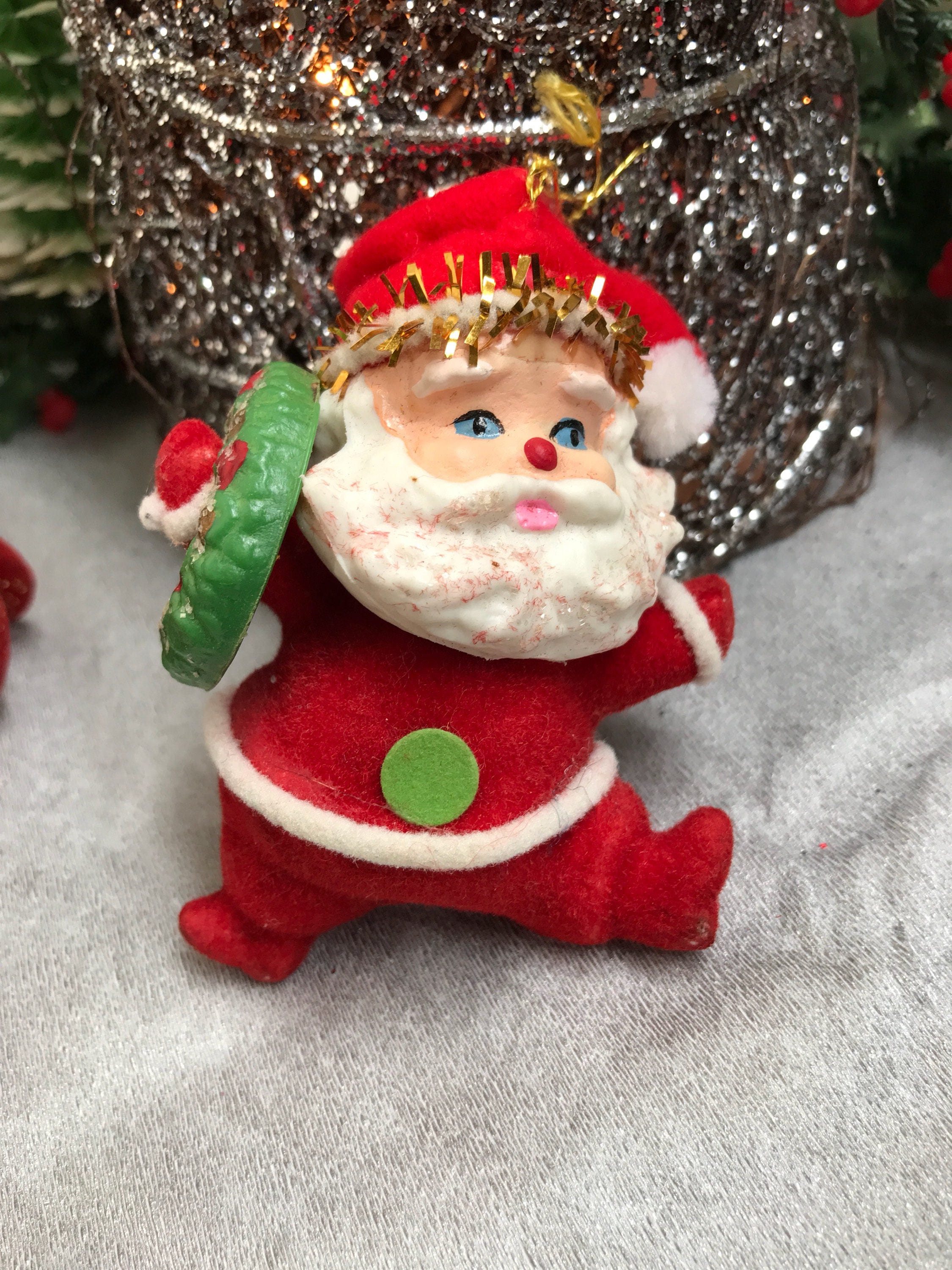 Vintage Dancing plastic Santa ornament, red flocked Santa holding ...