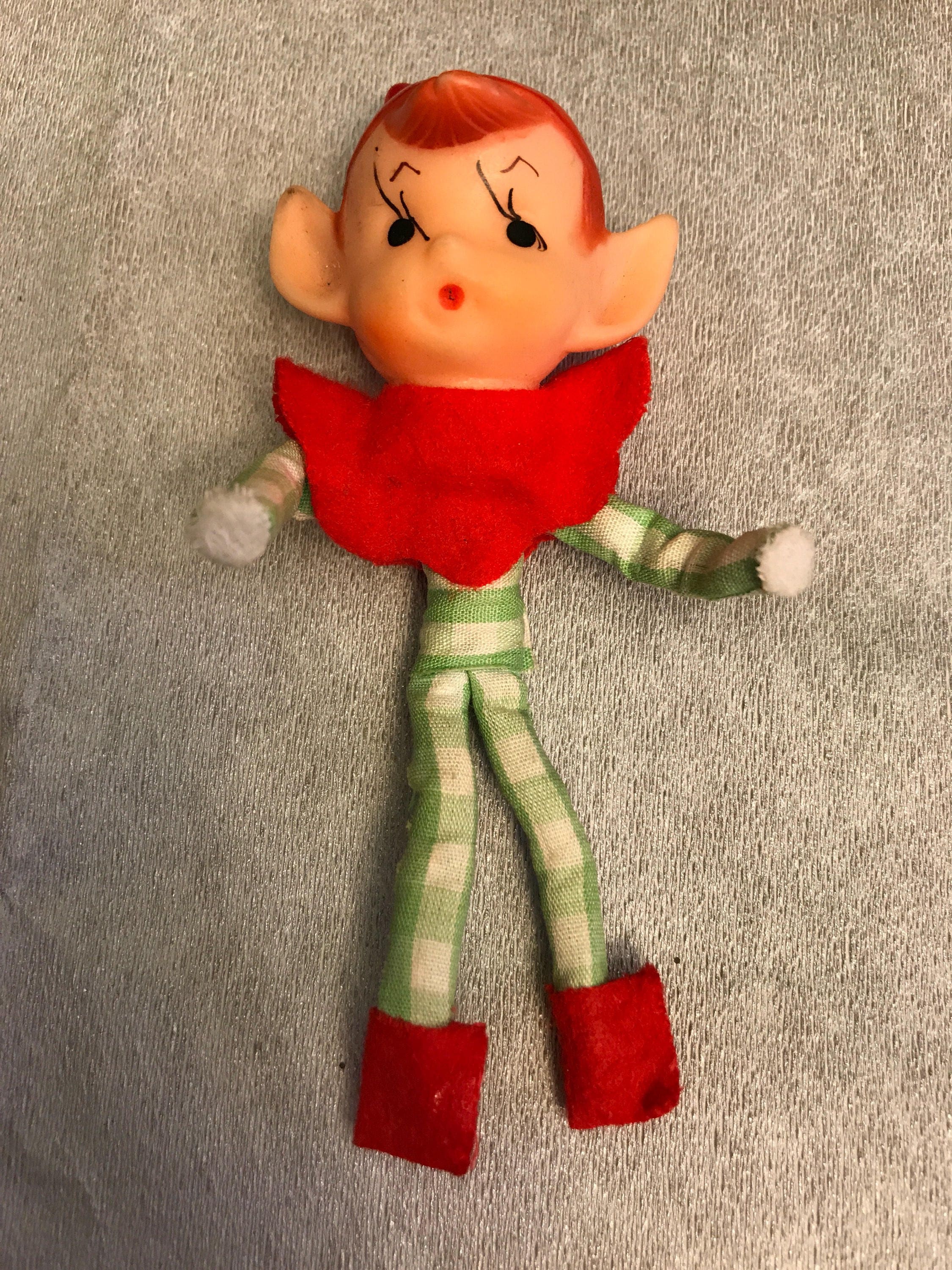 Vintage Pixie Elf, Green Gingham Christmas Elf Ornament, posable Pixie ...