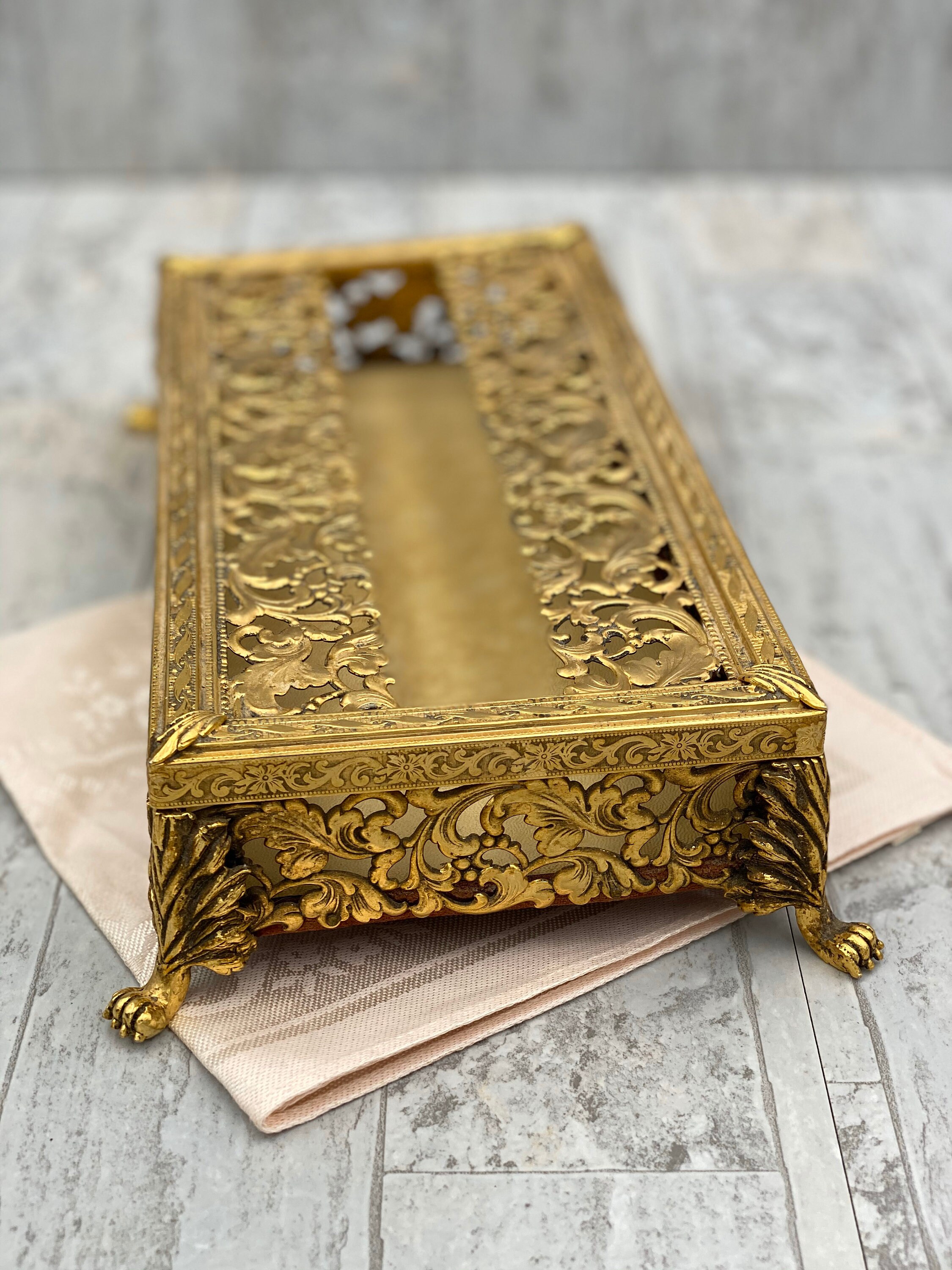 Vintage Gold Ormolu Tissue Box, Hollywood Regency, Bathroom Organizer ...