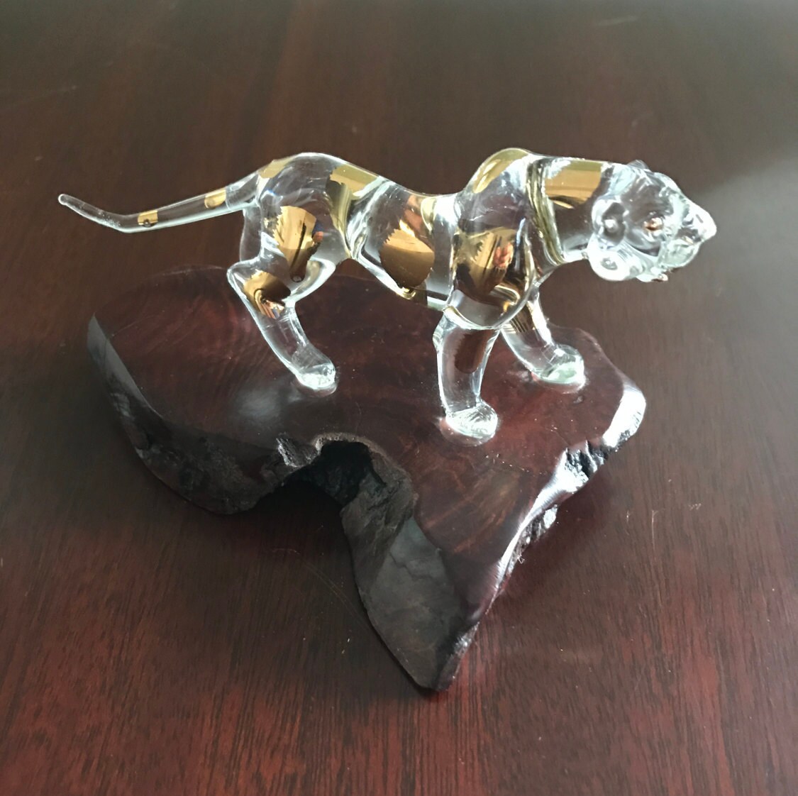 Glass Leopard mounted on polished wood, Gold leaf spots. Glass Animal ...