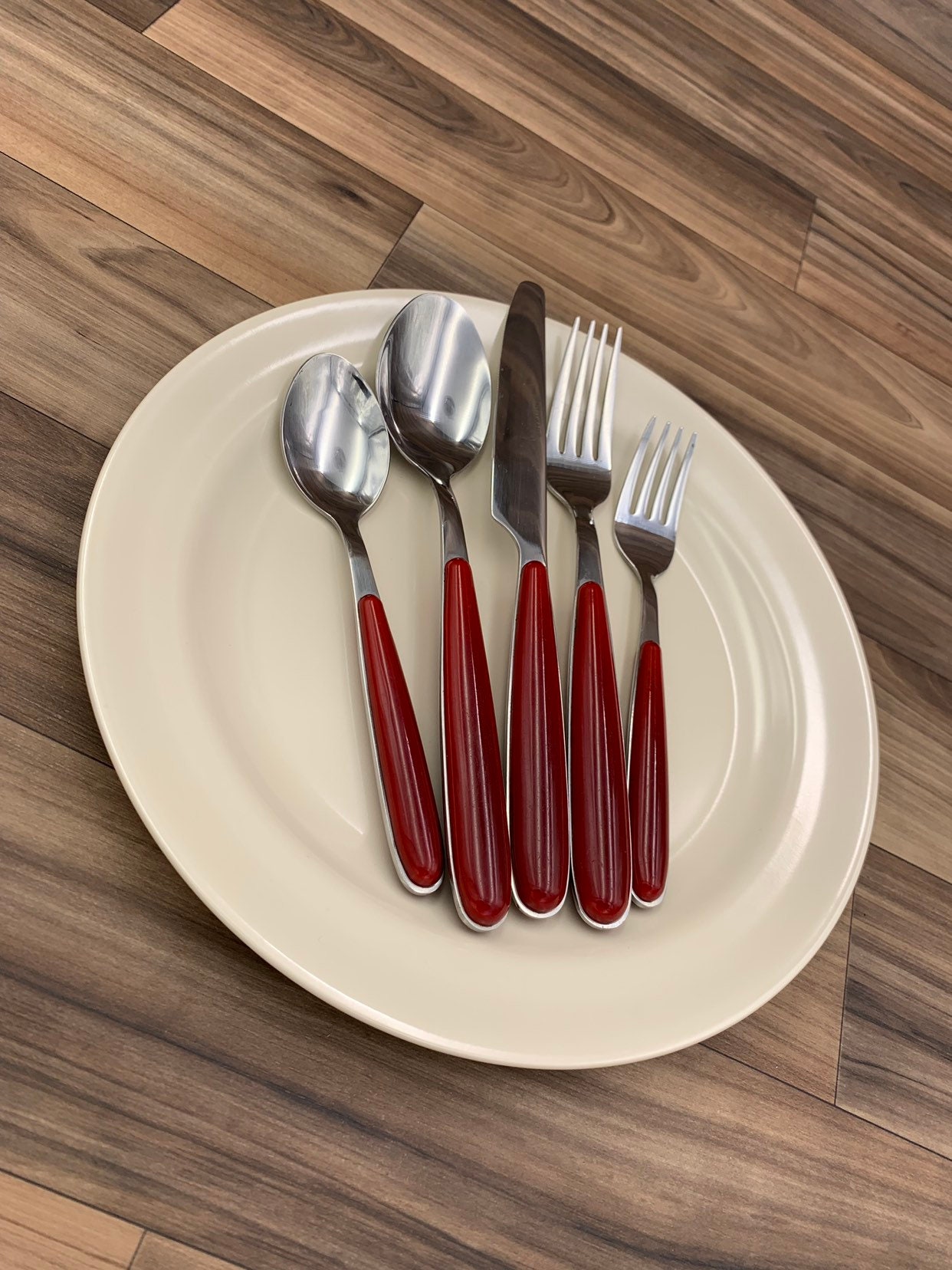 Vintage Flatware set Stainless Steel and Dark Red Plastic Handles ...