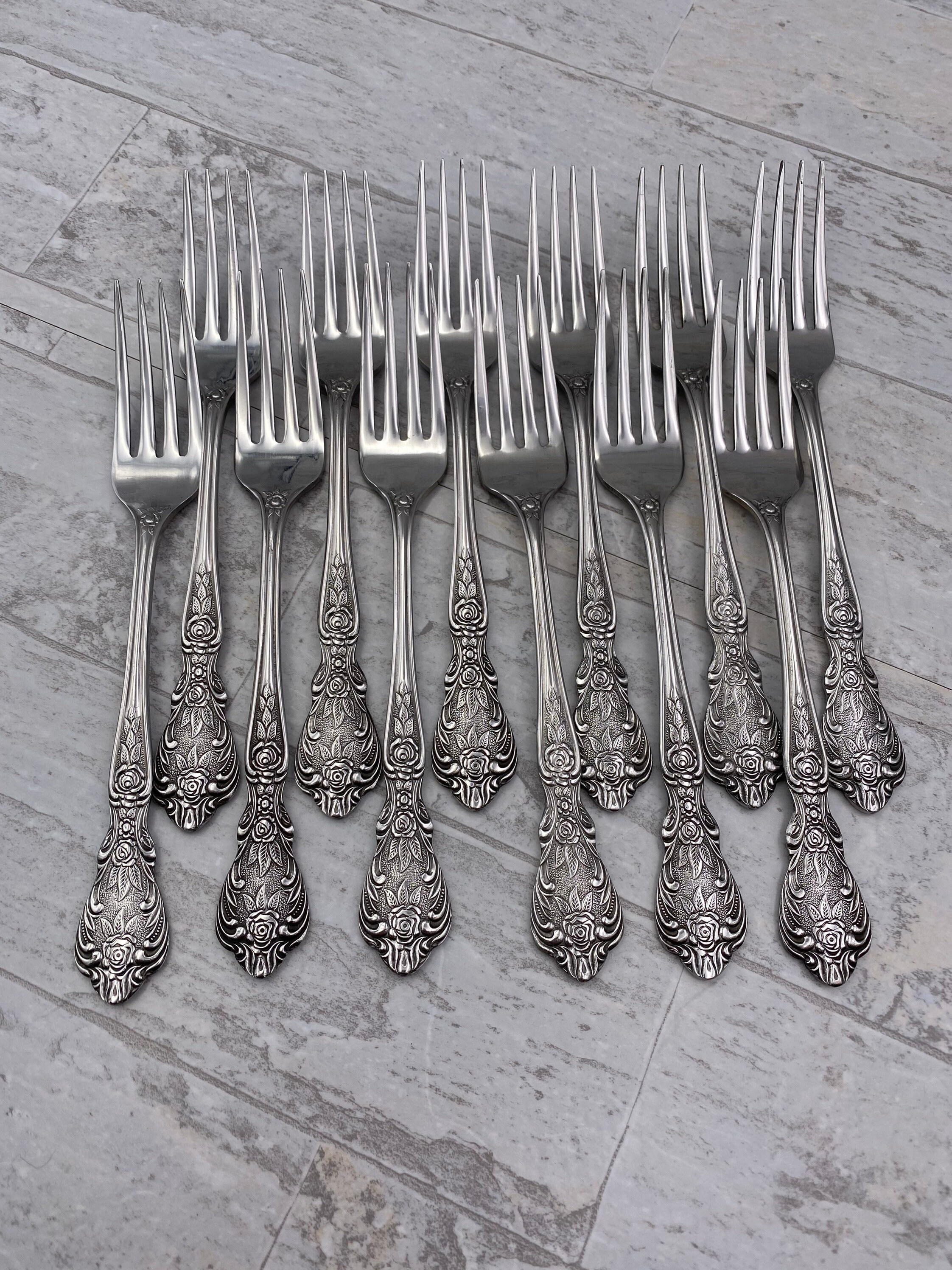 Vintage Stainless Flatware Set, Large Service for 12 Rose Pattern ...