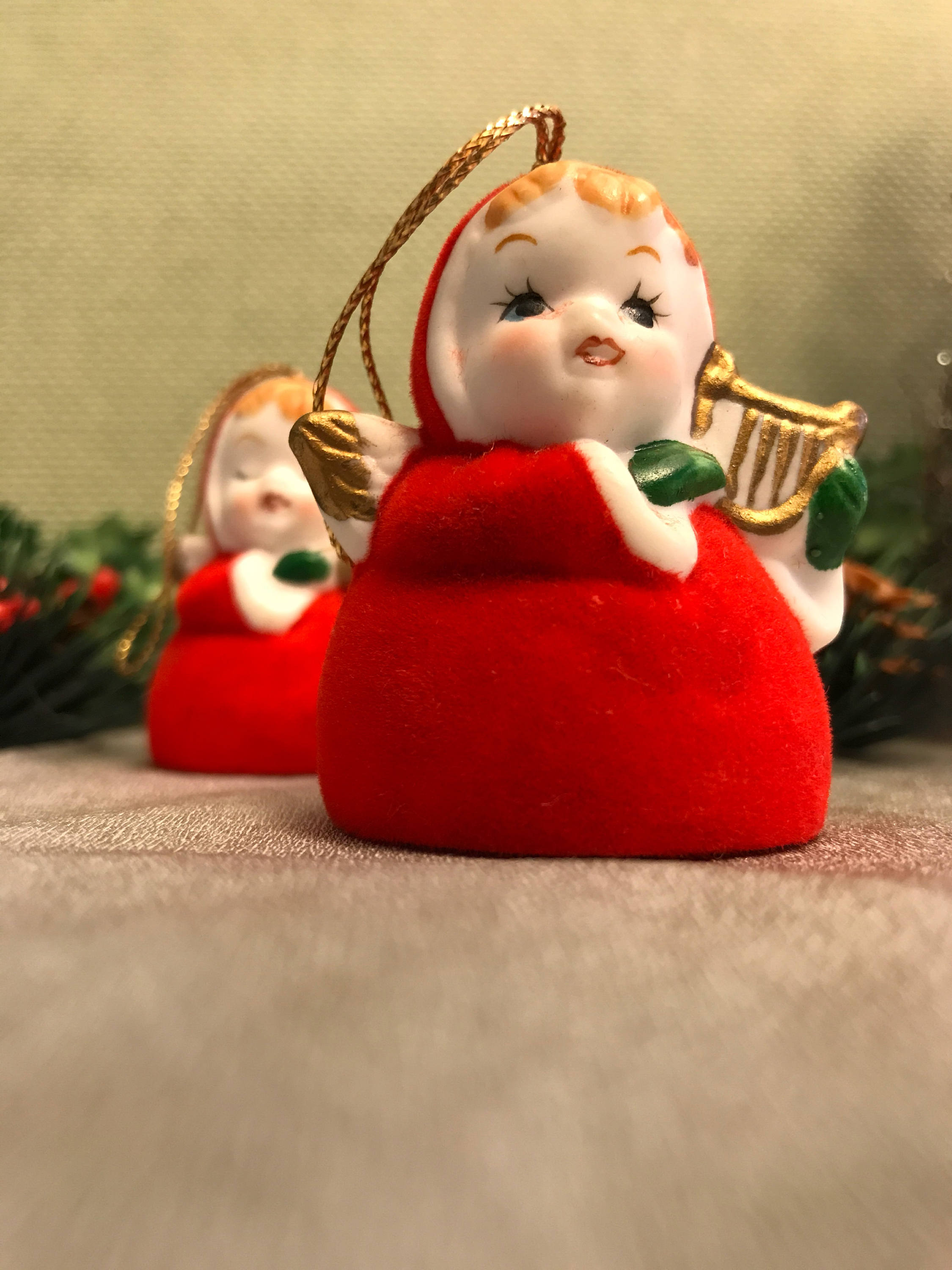 Vintage flocked Angel Bell Ornaments, Porcelain bell Angels, Red ...