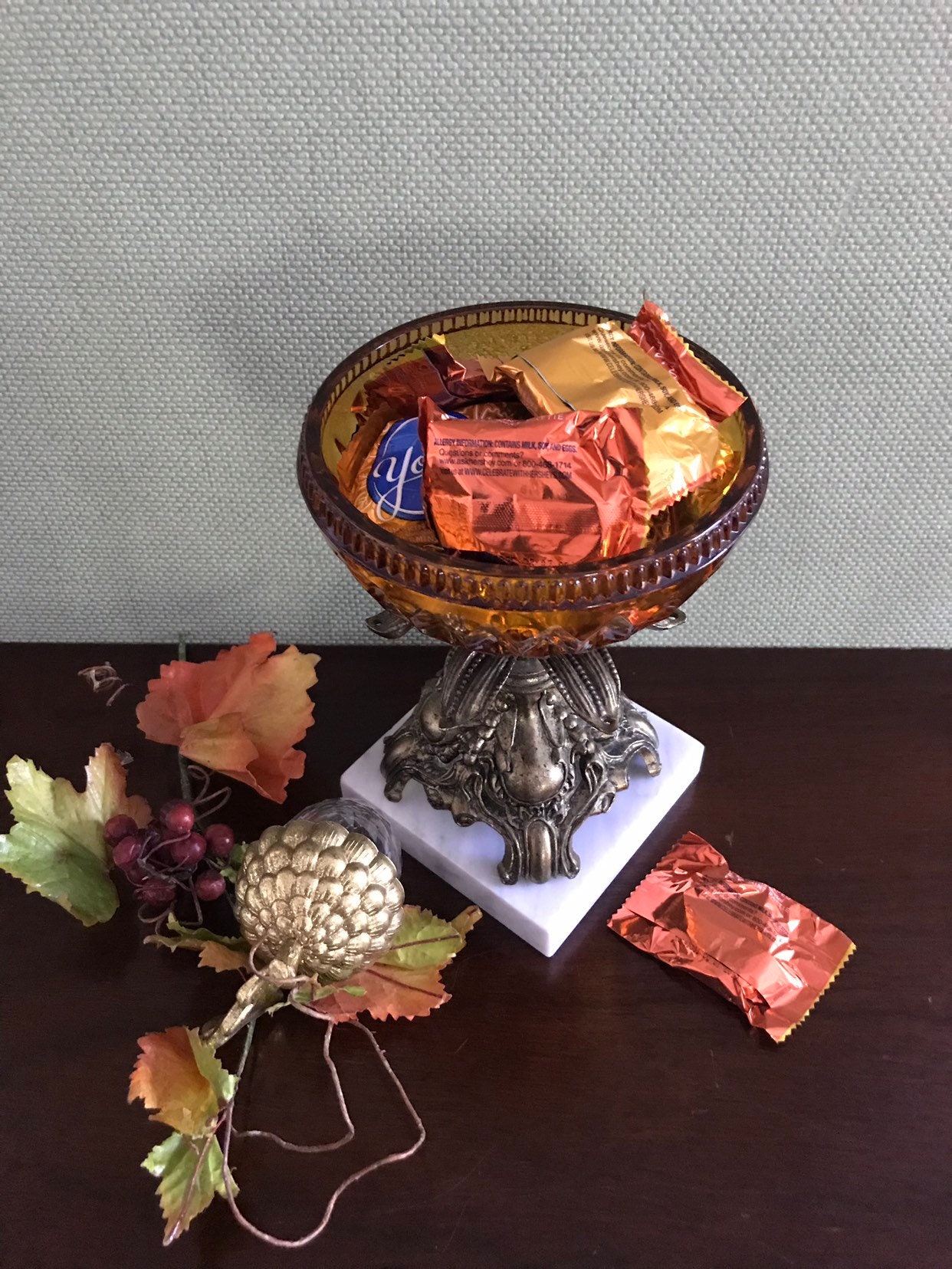 Hollywood Regency Candy Dish, Pressed Amber glass Candy dish on Marble ...