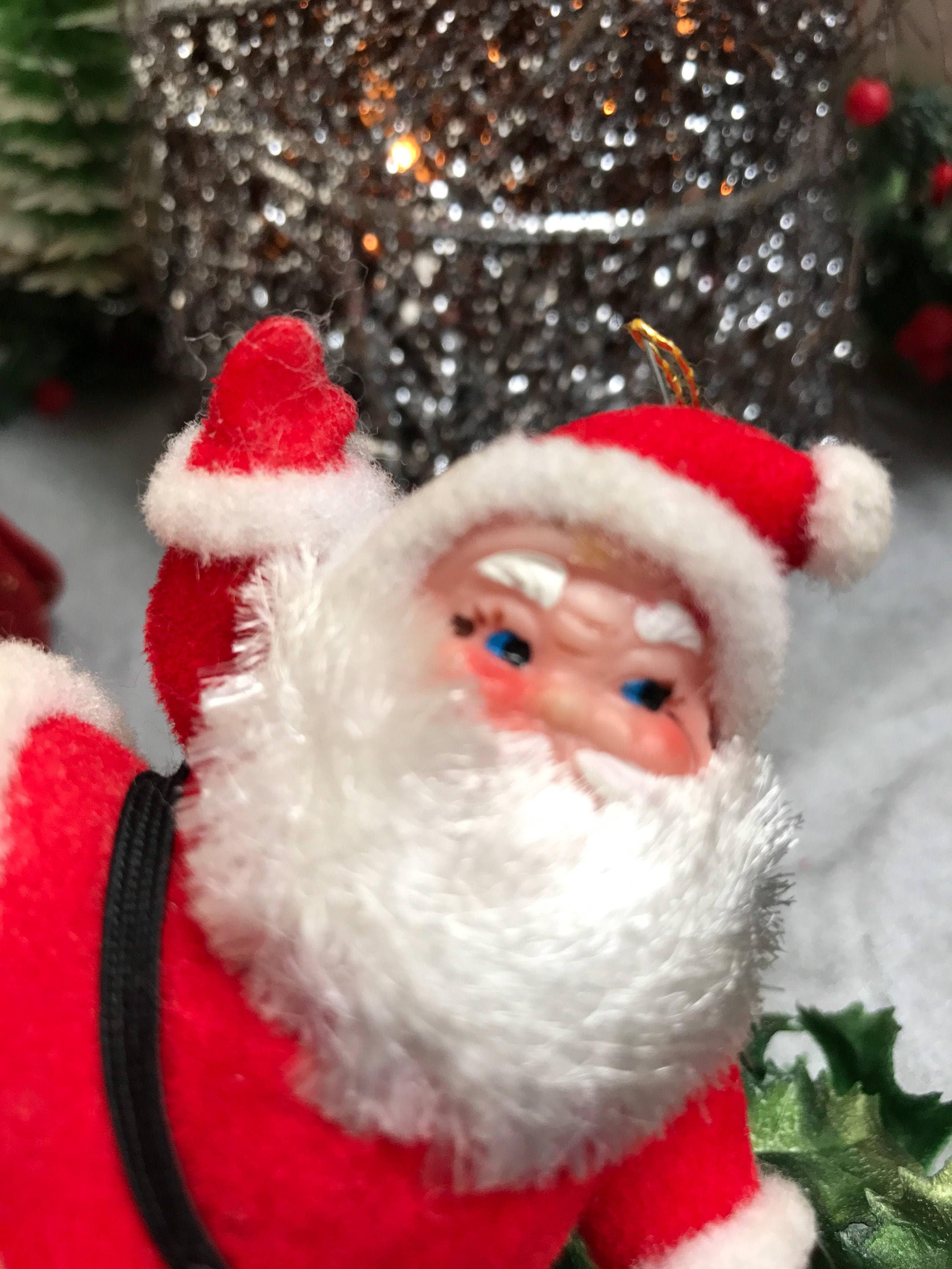Vintage Dancing Santa ornament, red flocked Santa, mini Santa Figurine ...