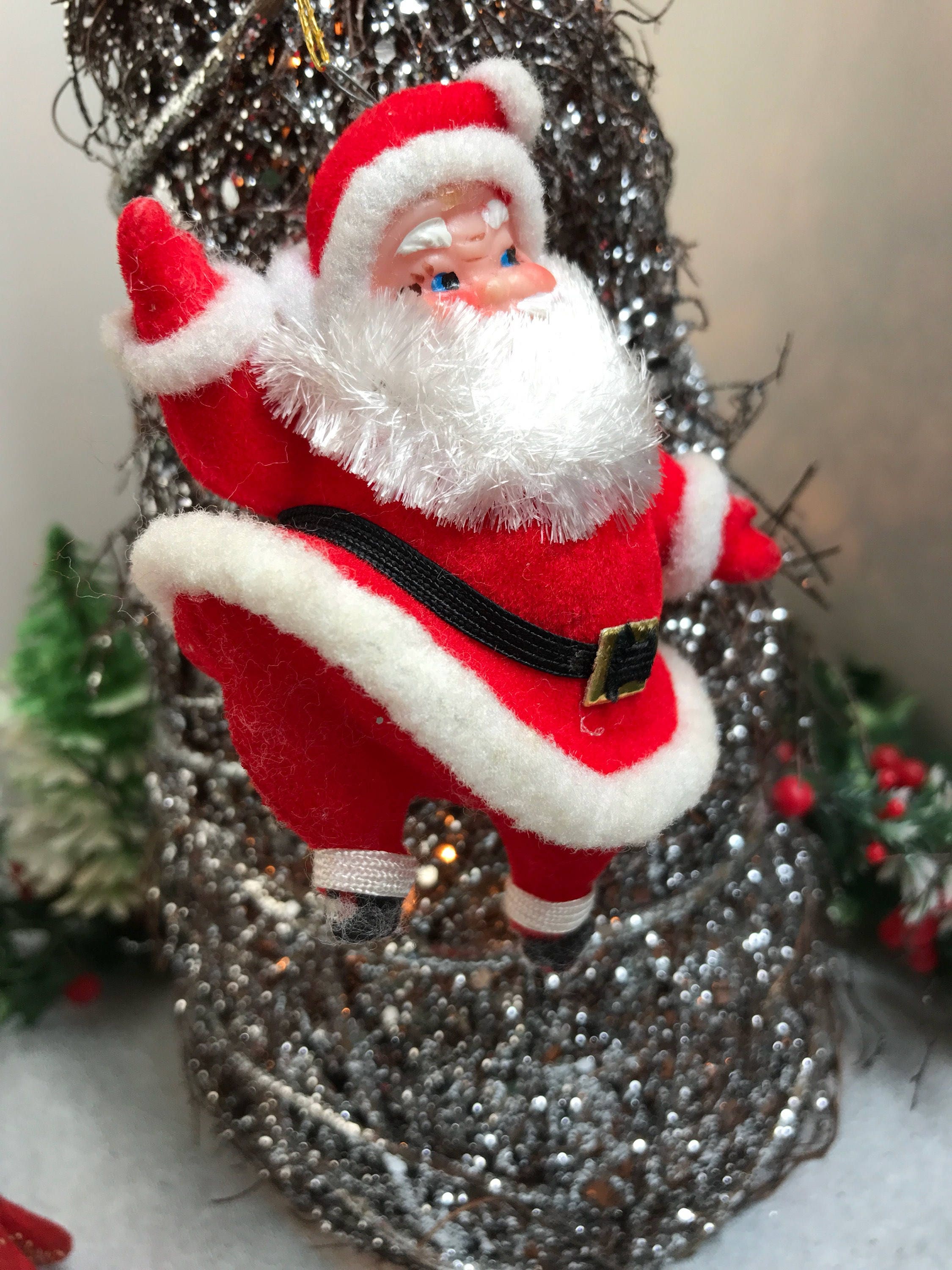 Vintage Dancing Santa ornament, red flocked Santa, mini Santa Figurine ...