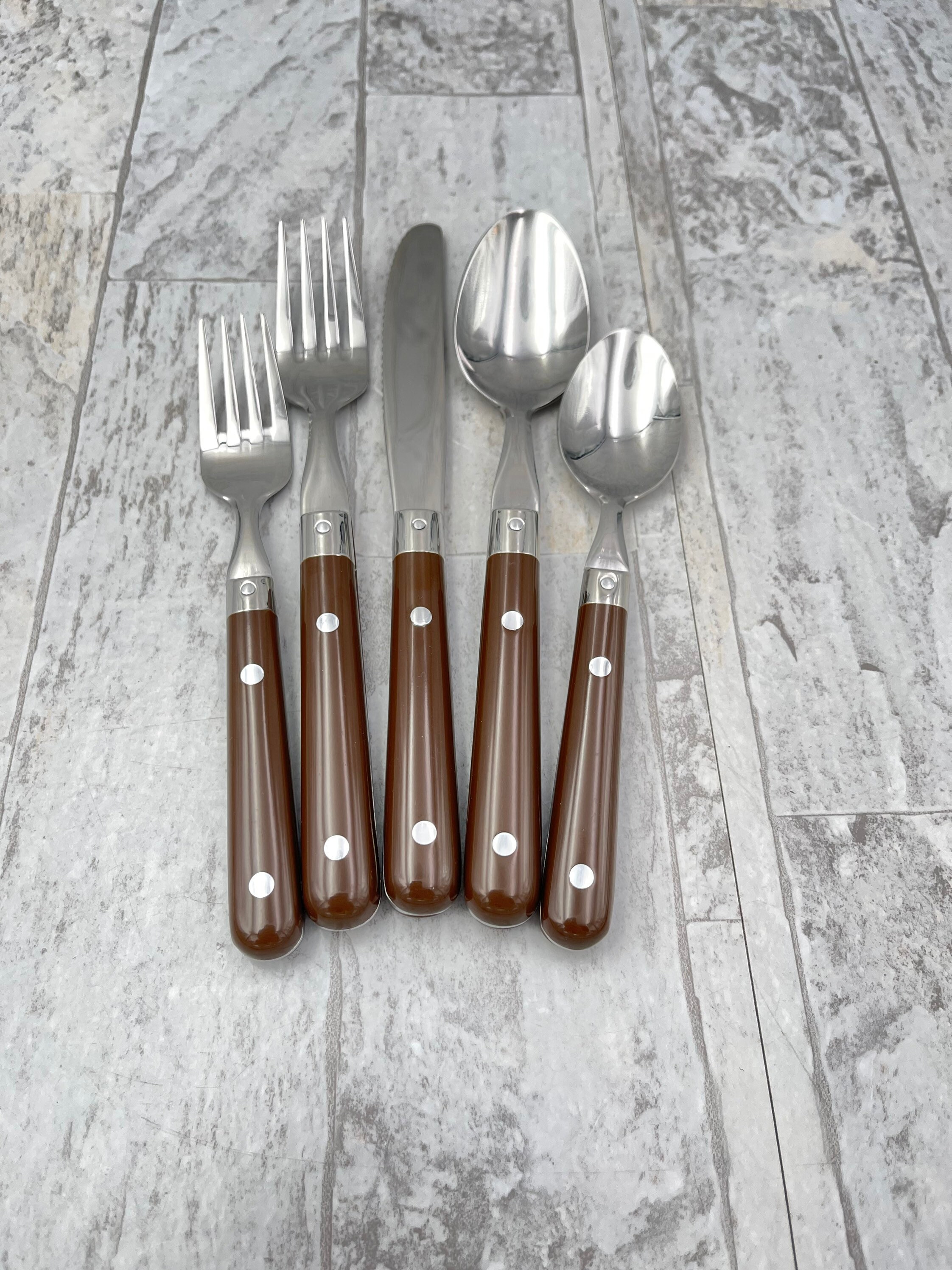 Vintage Flatware set with riveted Brown Plastic Handles, Rustic Cabin ...