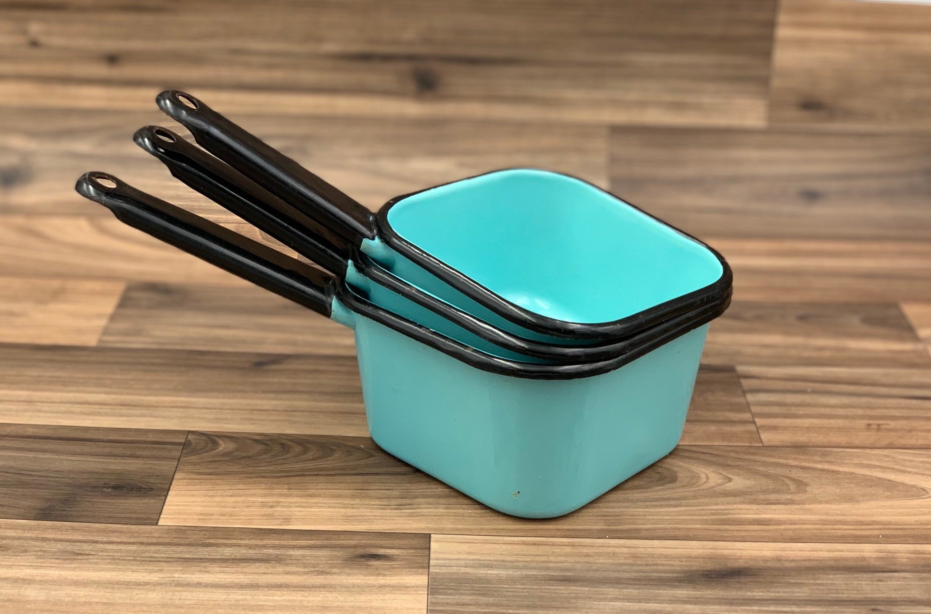 Vintage Square Enamelware sauce pan set, Aqua enamelware rustic ...