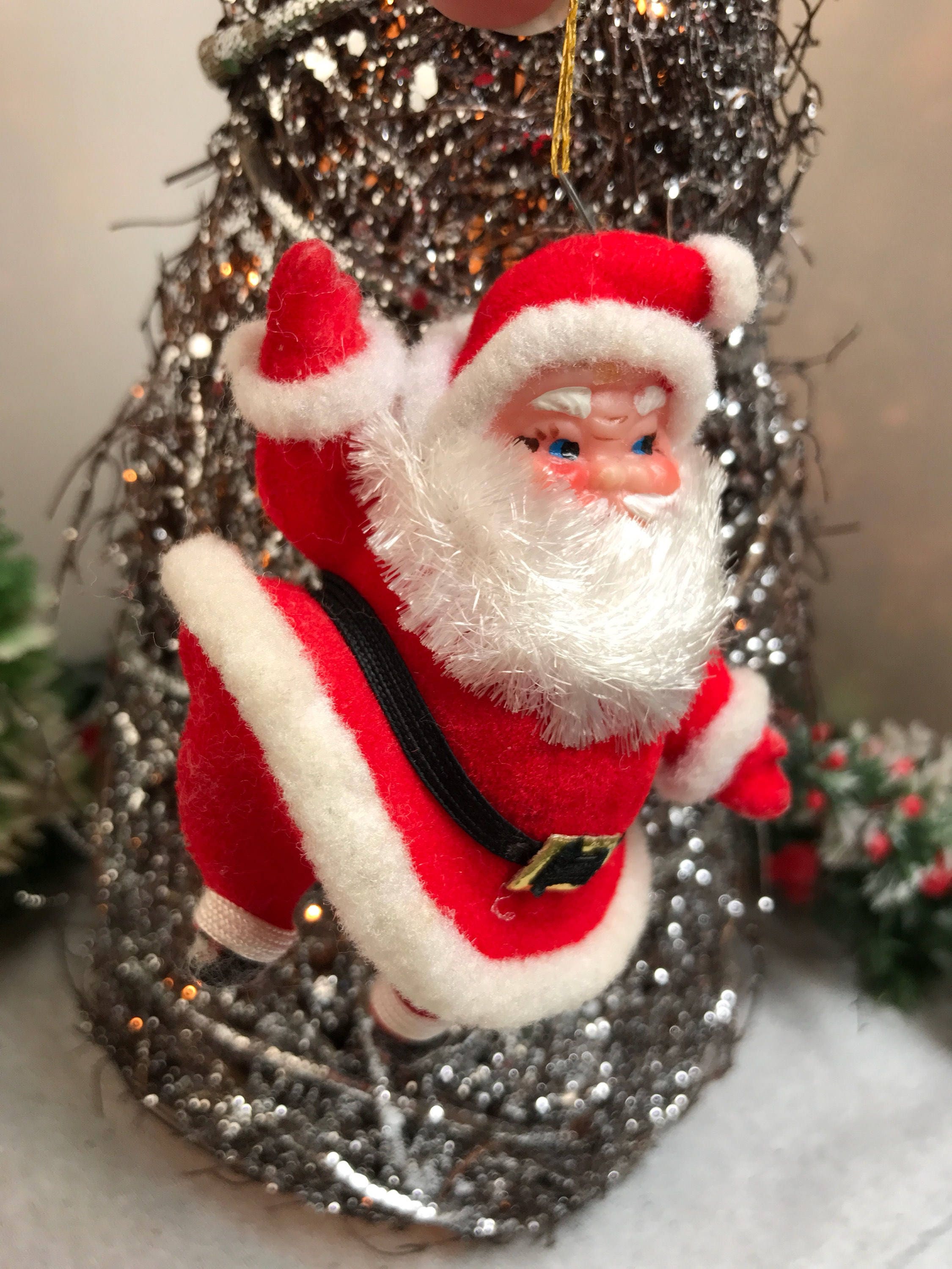 Vintage Dancing Santa ornament, red flocked Santa, mini Santa Figurine ...