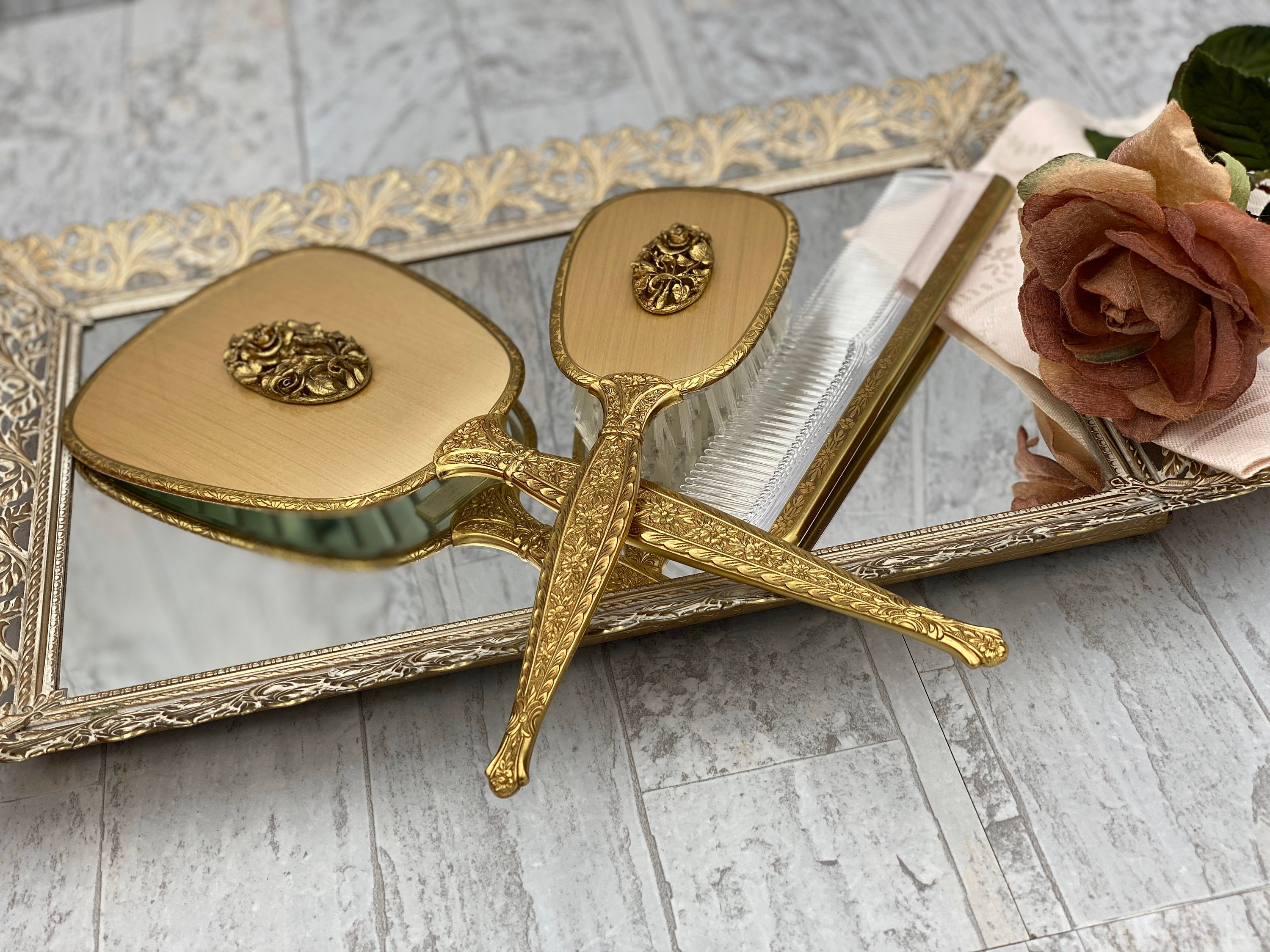 Vintage Gold Vantity Set 24ct Gold plated dresser set, Hand mirror ...